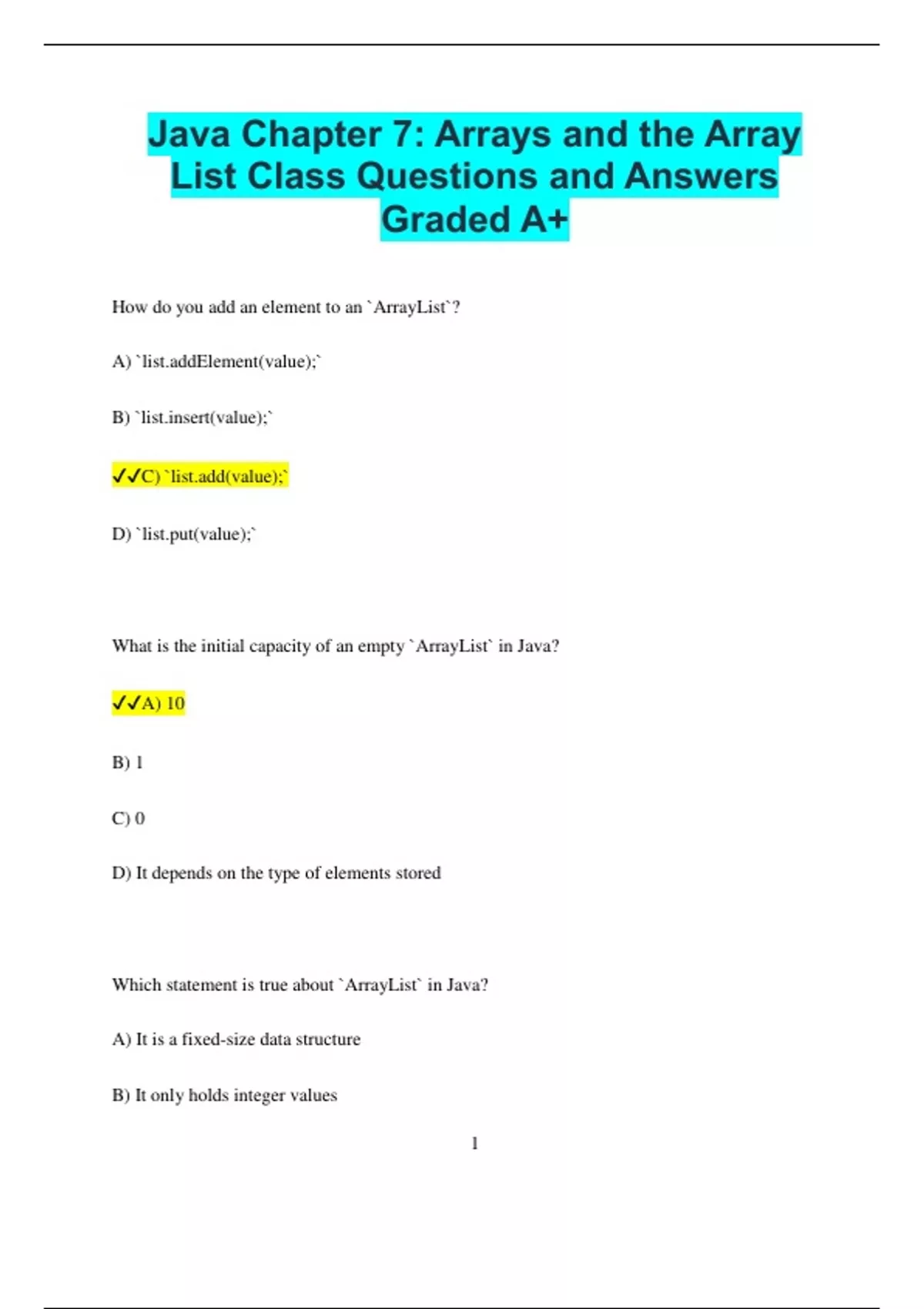 Java Chapter 7: Arrays and the Array List Class Questions and Answers Graded A+ - Java Chapter 7 ...
