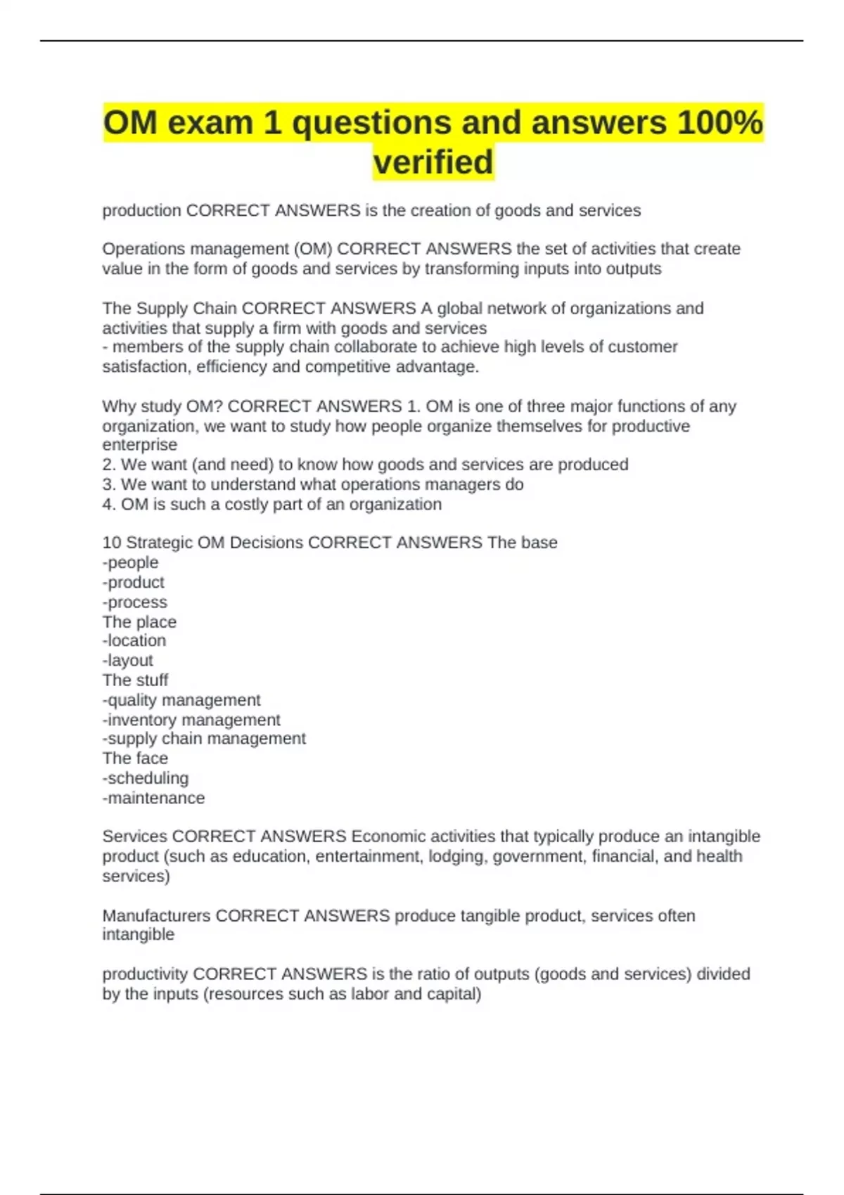 OM exam 1 questions and answers 100% verified - OM - Stuvia US