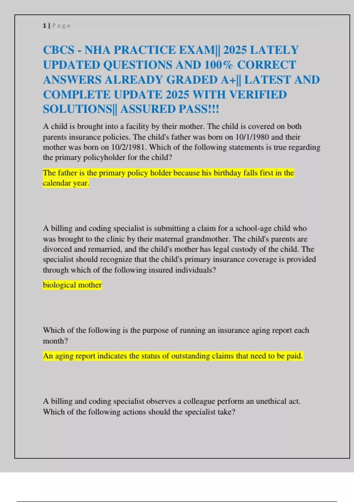 CBCS - NHA PRACTICE EXAM|| 2025 LATELY UPDATED QUESTIONS AND 100% ...
