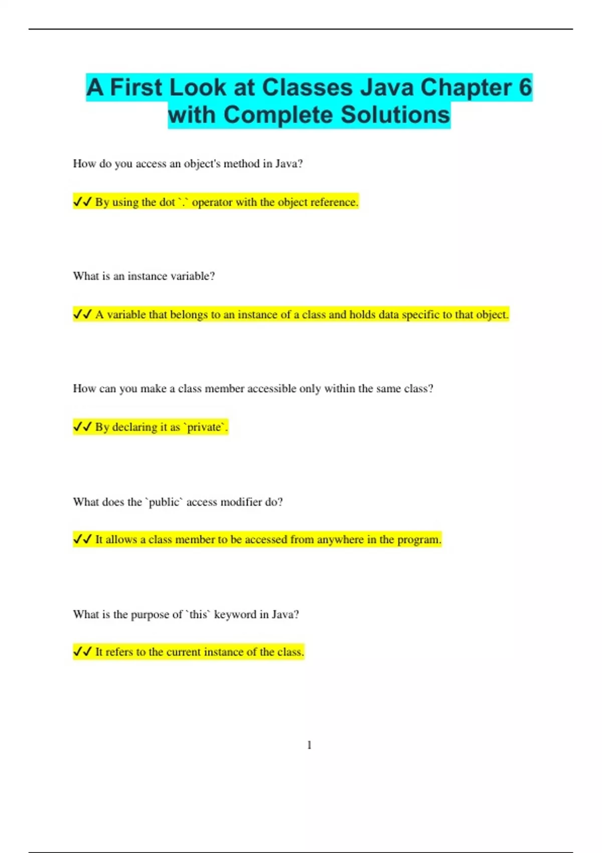 A First Look at Classes Java Chapter 6 with Complete Solutions - A First Look at Classes Java ...