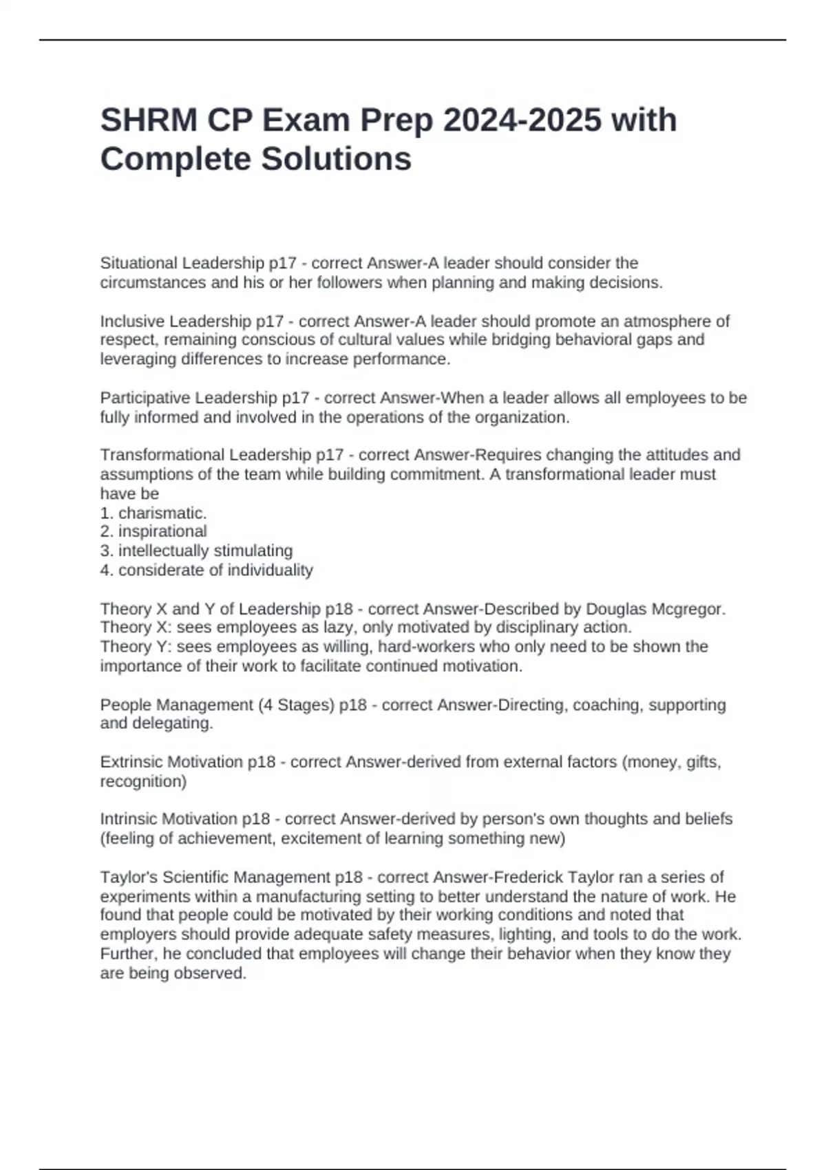 SHRM CP Exam Prep with Complete Solutions - SHRM - Stuvia US