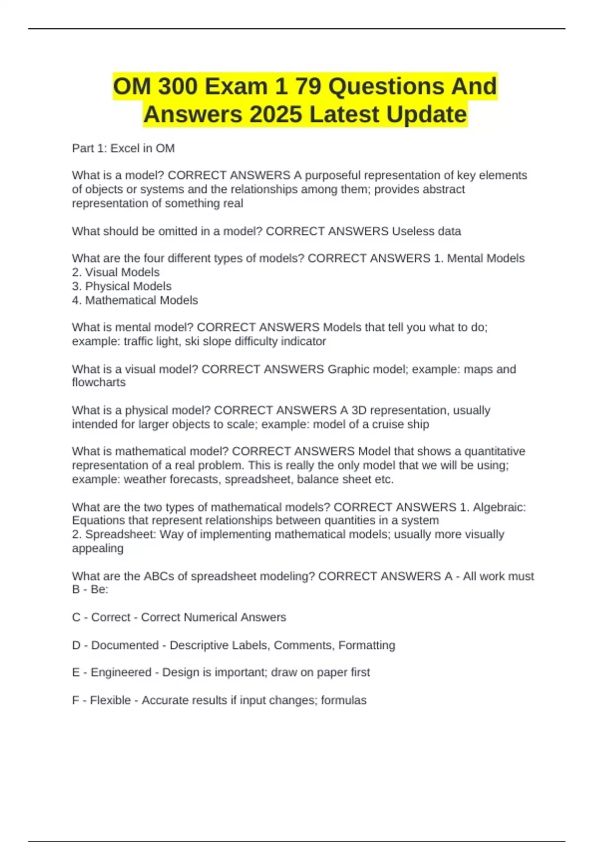 OM 300 Exam 1 79 Questions And Answers 2025 Latest Update - OM - Stuvia US