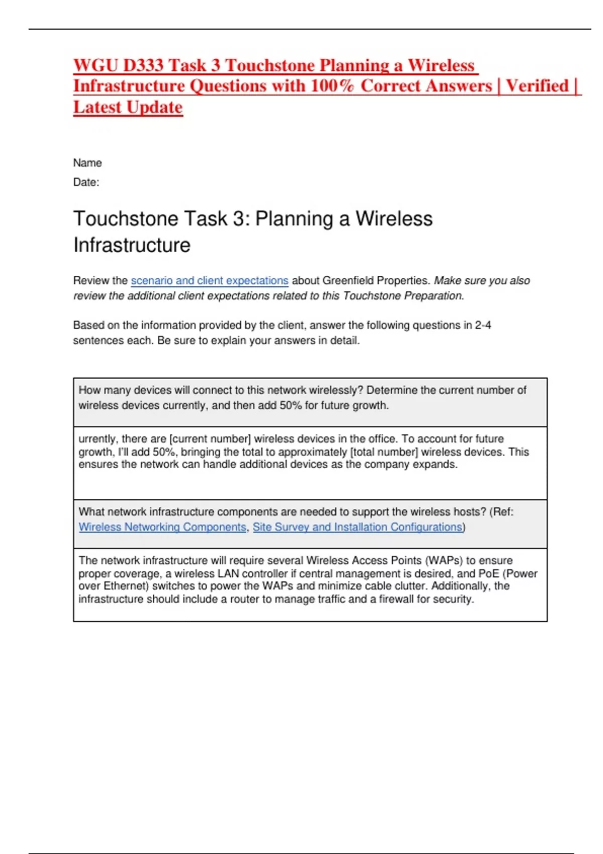 WGU D333 Task 3 Touchstone Planning a Wireless Infrastructure Questions ...