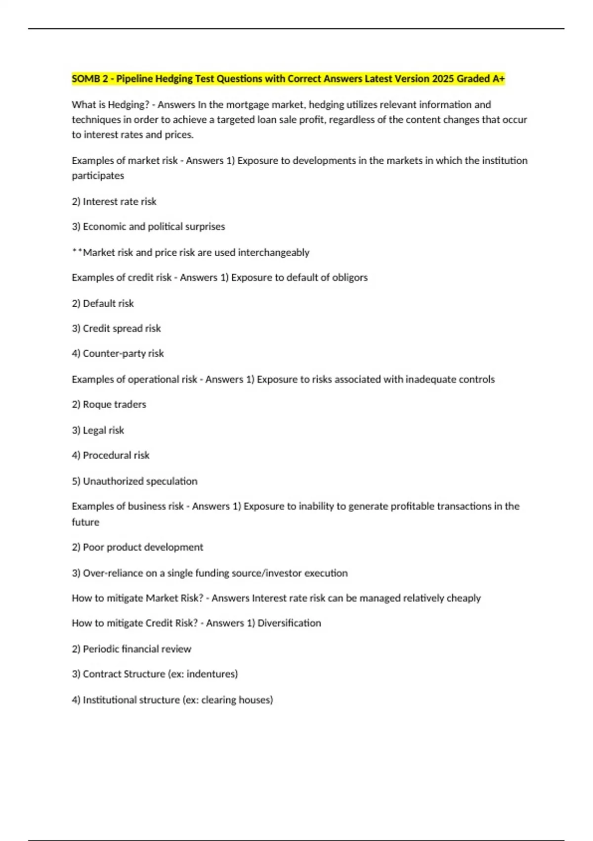 SOMB 2 - Pipeline Hedging Test Questions with Correct Answers Latest ...