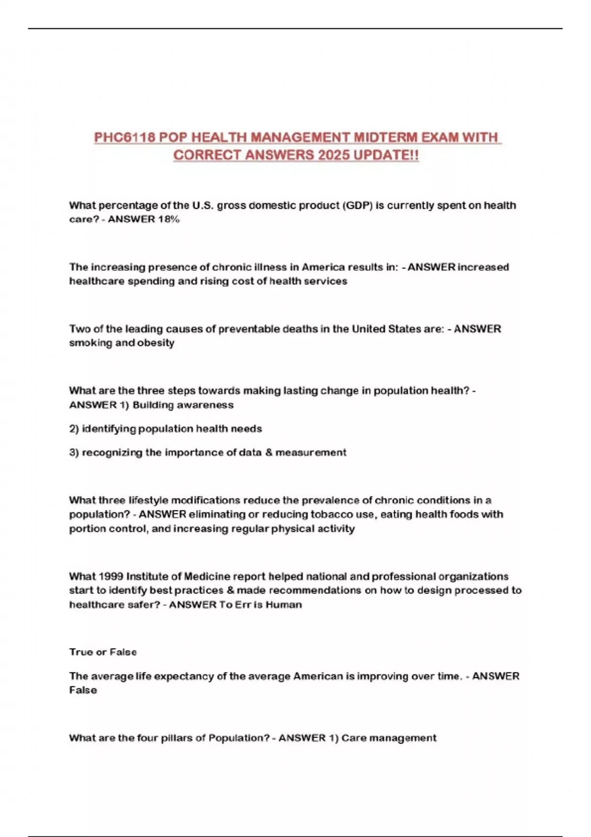 PHC6118 POP HEALTH MANAGEMENT MIDTERM EXAM WITH CORRECT ANSWERS 2025 ...