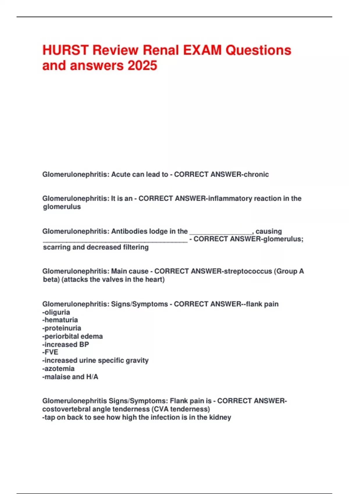 HURST Review Renal EXAM Questions and answers 2025. - HURST - Stuvia US