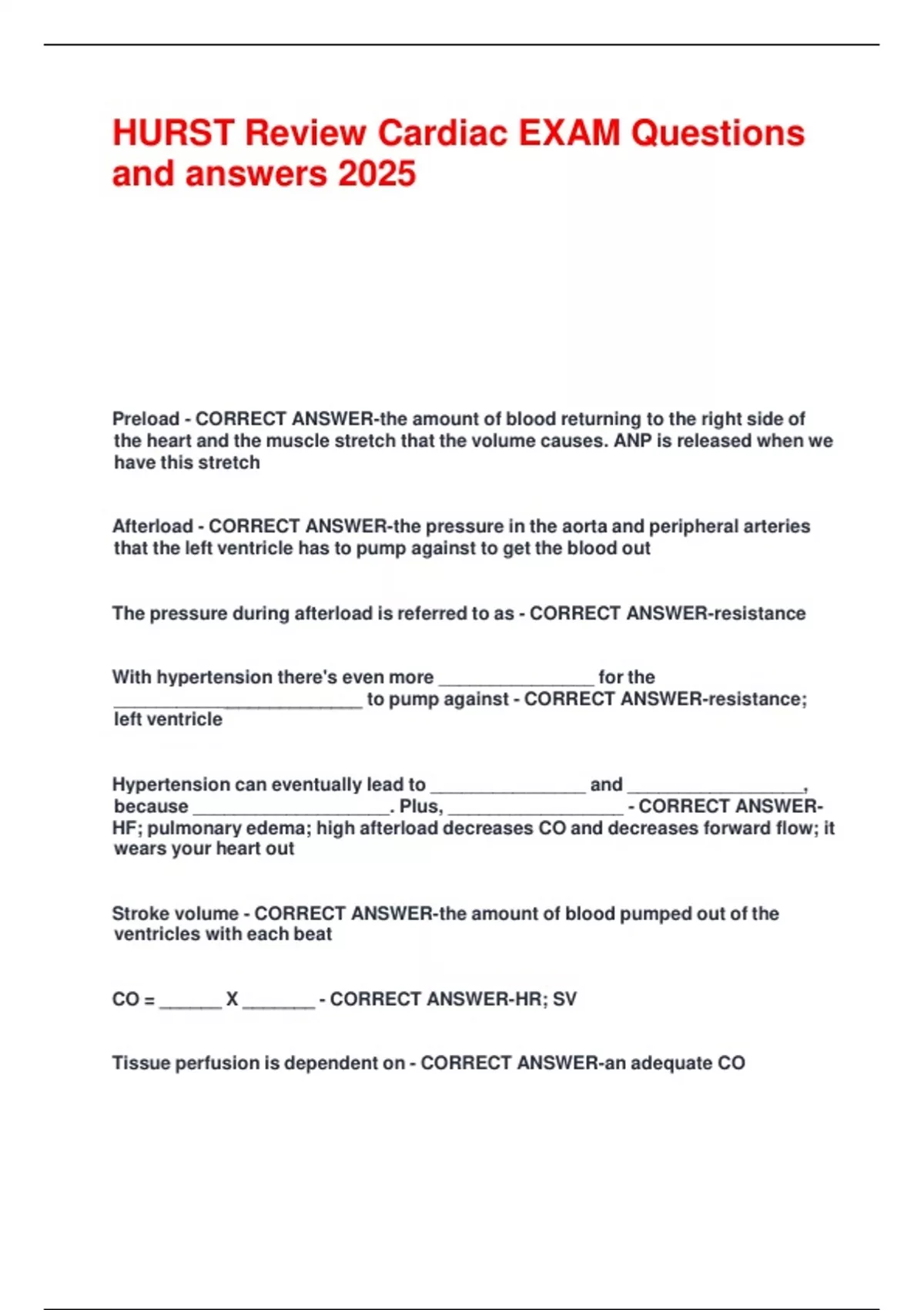 HURST Review Cardiac EXAM Questions and answers 2025. - Hurst - Stuvia US