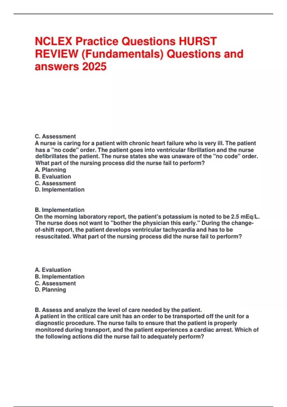NCLEX Practice Questions HURST REVIEW (Fundamentals) Questions and ...