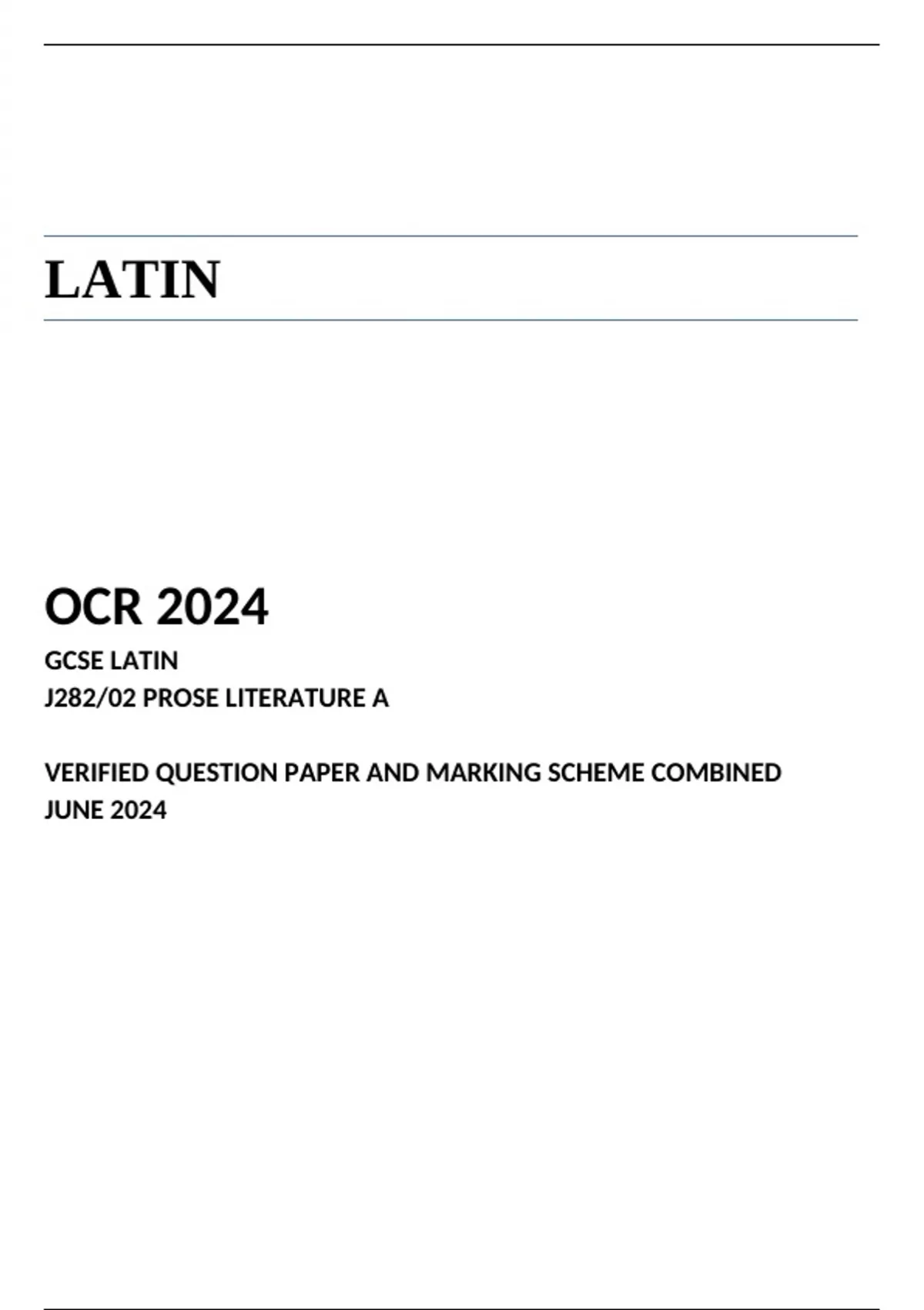 OCR 2024 GCSE LATIN J282/02 PROSE LITERATURE A VERIFIED QUESTION PAPER ...