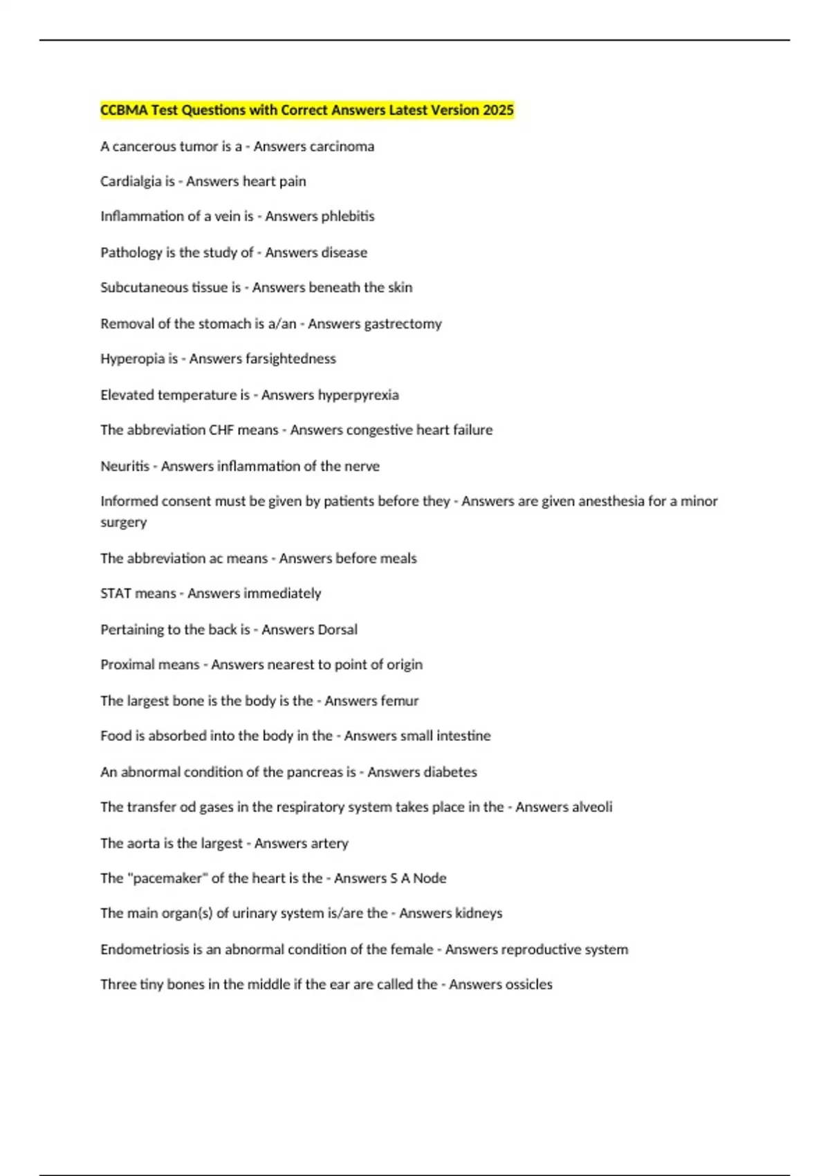 CCBMA Test Questions with Correct Answers Latest Version 2025 - CCBMA ...