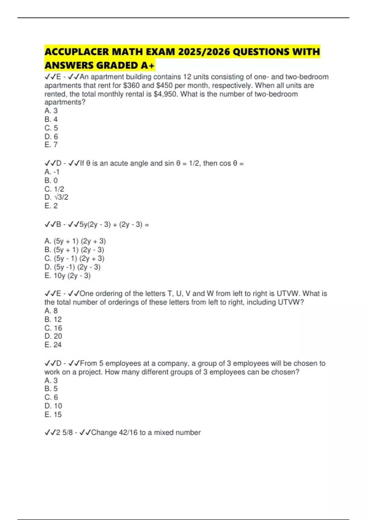 ACCUPLACER MATH EXAM 2025/2026 QUESTIONS WITH ANSWERS GRADED A+ ...