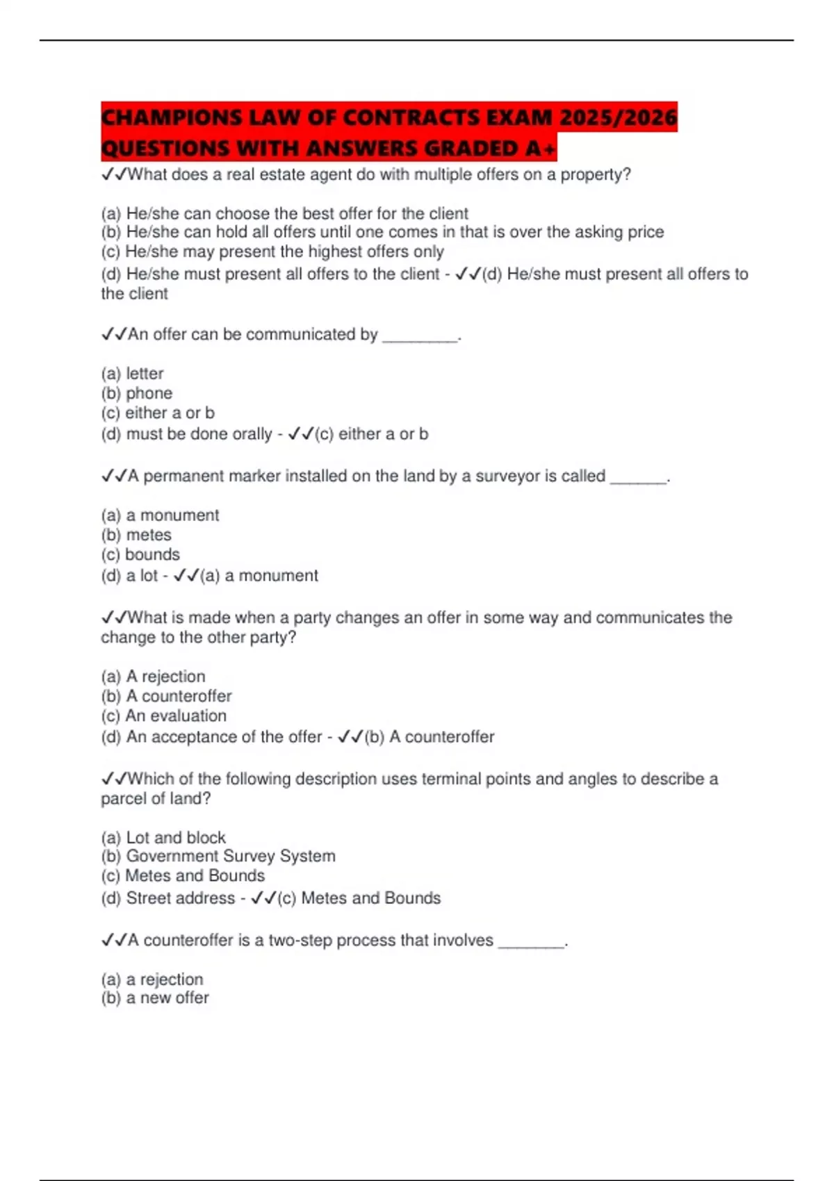 CHAMPIONS LAW OF CONTRACTS EXAM 2025/2026 QUESTIONS WITH ANSWERS GRADED ...