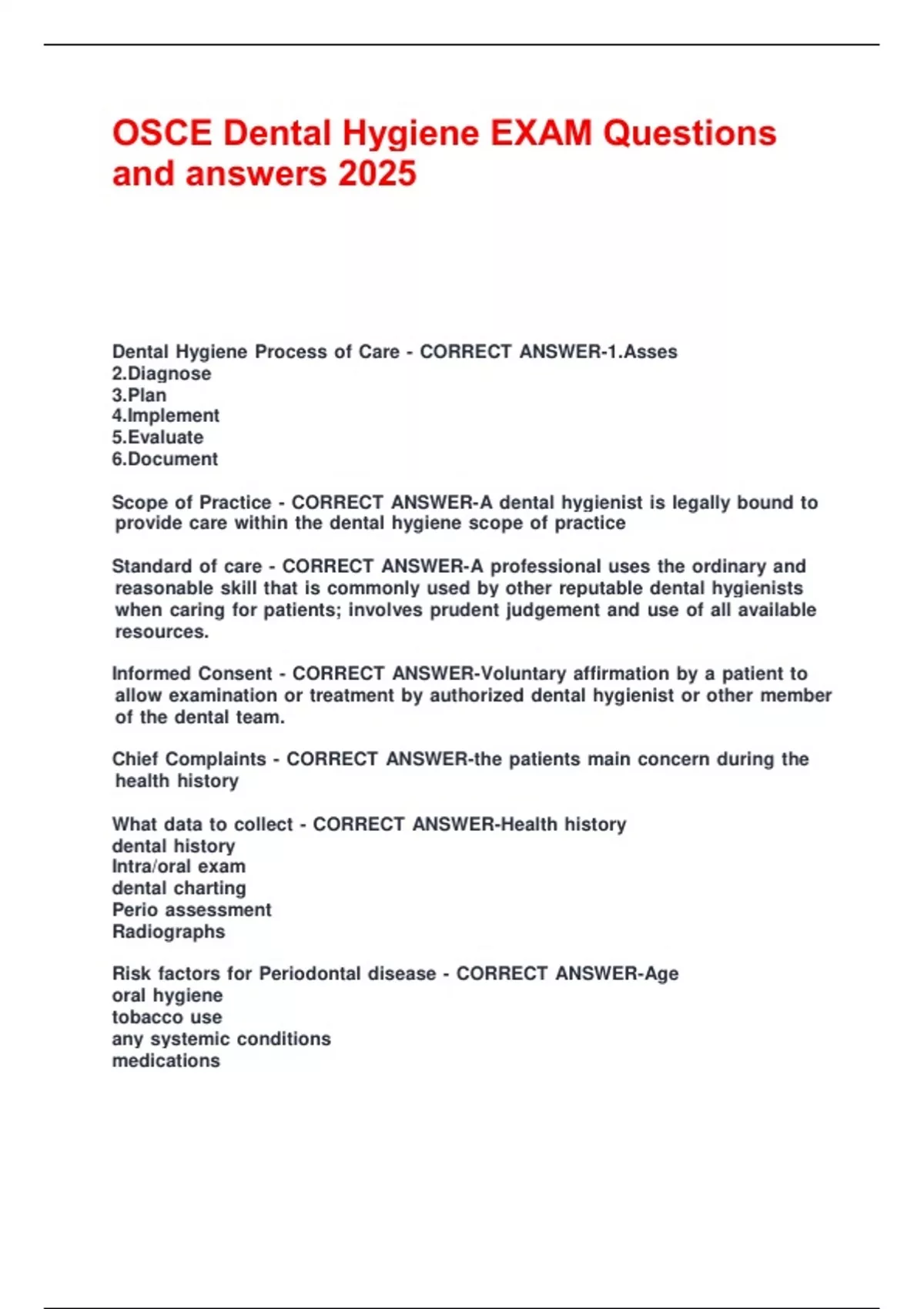 OSCE Dental Hygiene EXAM Questions and answers 2025. - DSE OSCE - Stuvia US