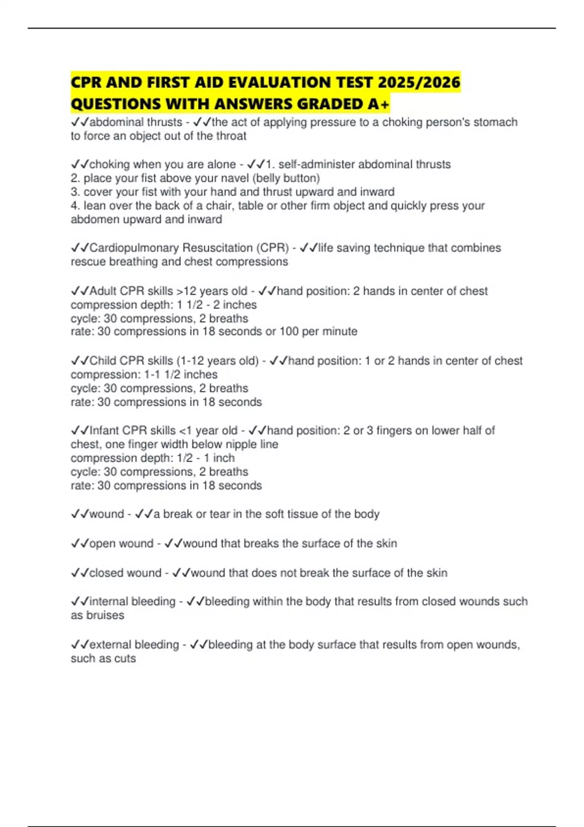 CPR AND FIRST AID EVALUATION TEST 2025/2026 QUESTIONS WITH ANSWERS ...