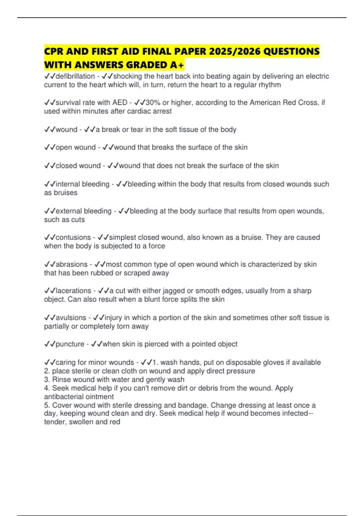 CPR AND FIRST AID FINAL PAPER 2025/2026 QUESTIONS WITH ANSWERS GRADED ...