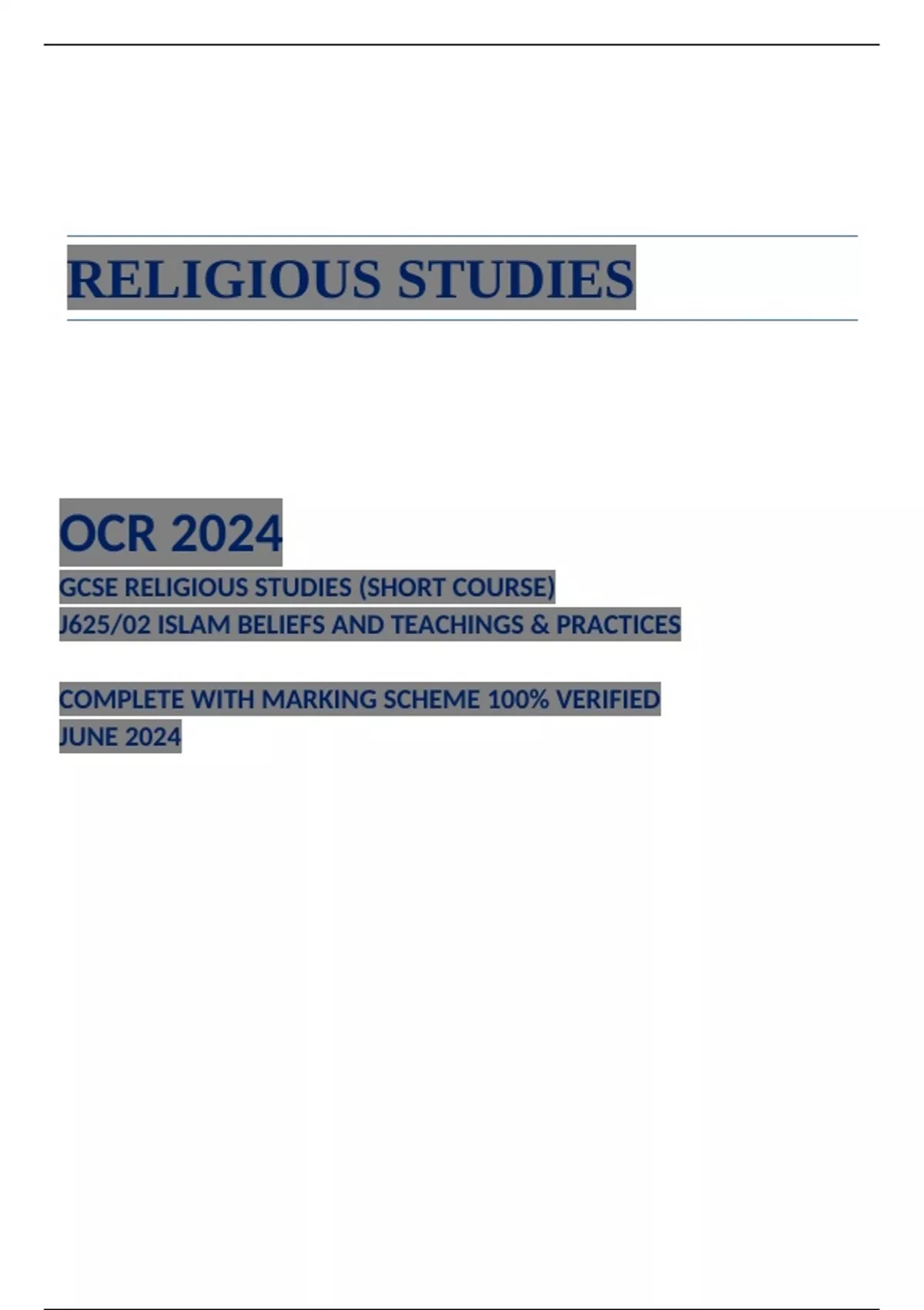OCR 2024 GCSE RELIGIOUS STUDIES (SHORT COURSE) J625/02 ISLAM BELIEFS ...