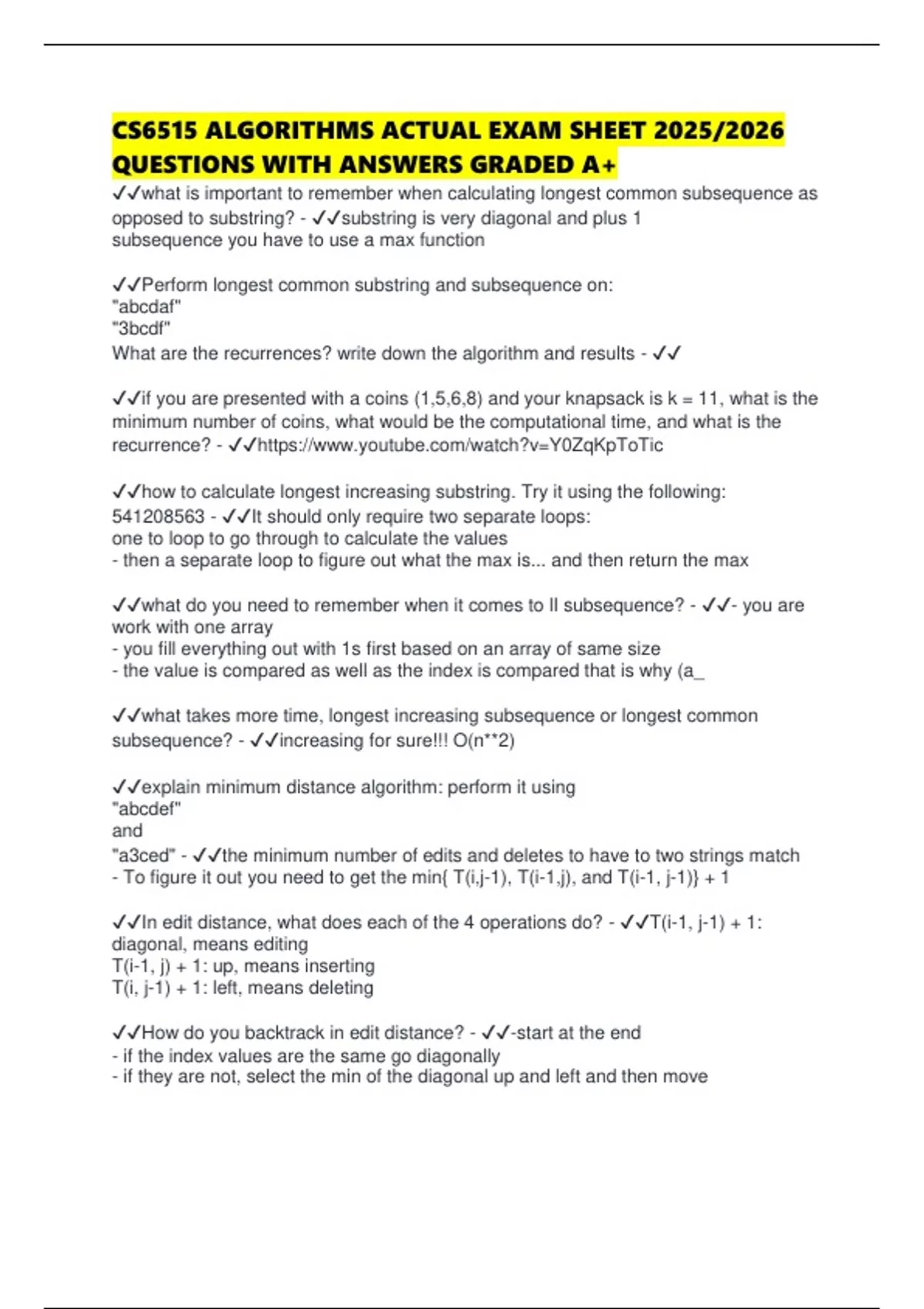 CS6515 ALGORITHMS ACTUAL EXAM SHEET 2025/2026 QUESTIONS WITH ANSWERS GRADED A+ - ALGORITHMS ...