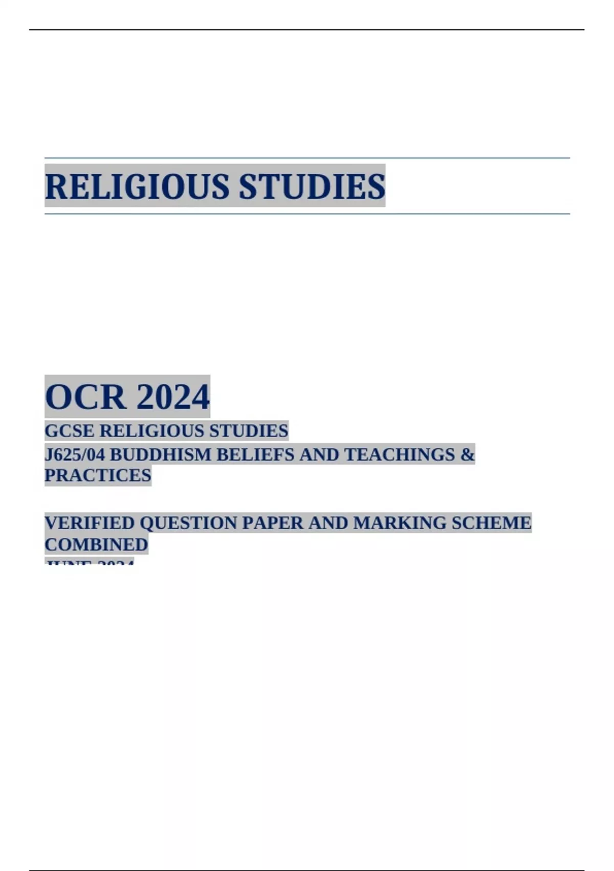 OCR 2024 GCSE RELIGIOUS STUDIES J625/04 BUDDHISM BELIEFS AND TEACHINGS & PRACTICES VERIFIED ...