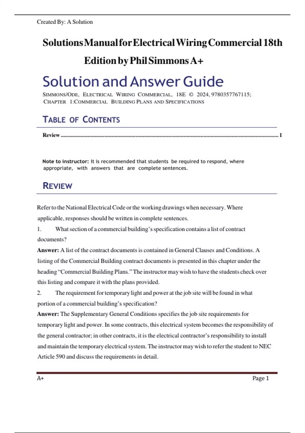 Solution and Answer Guide Electrical Wiring Commercial 18th Edition by ...
