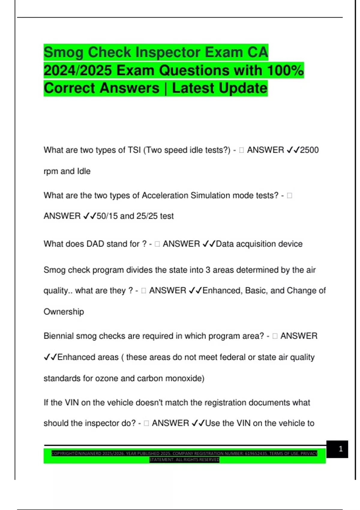 Smog Check Inspector Exam CA 2024/2025 Exam Questions with 100% Correct ...