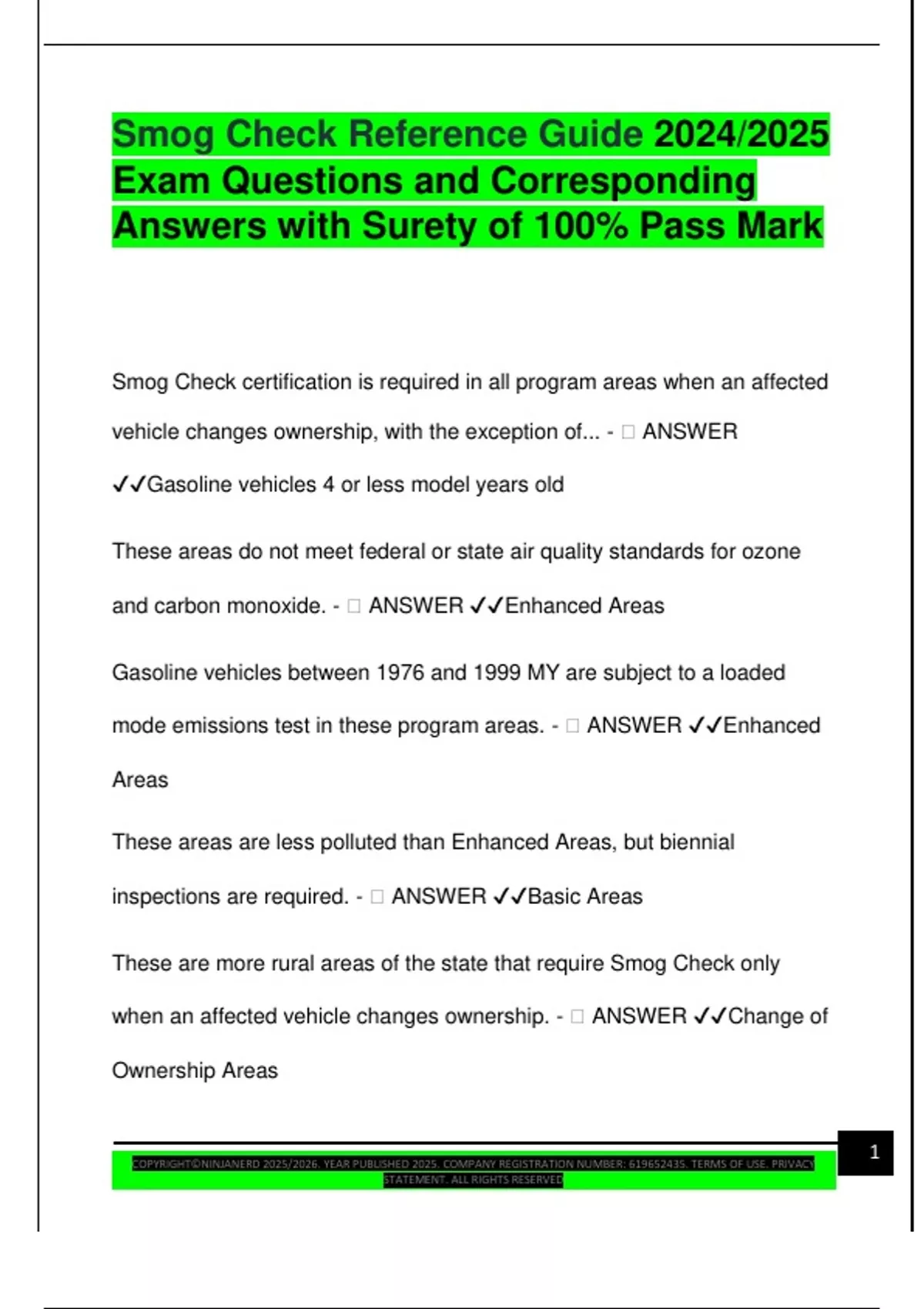 Smog Check Reference Guide 2024/2025 Exam Questions and Corresponding ...