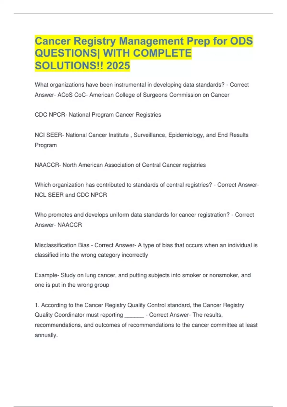 Cancer Registry Management Prep for ODS QUESTIONS| WITH COMPLETE ...