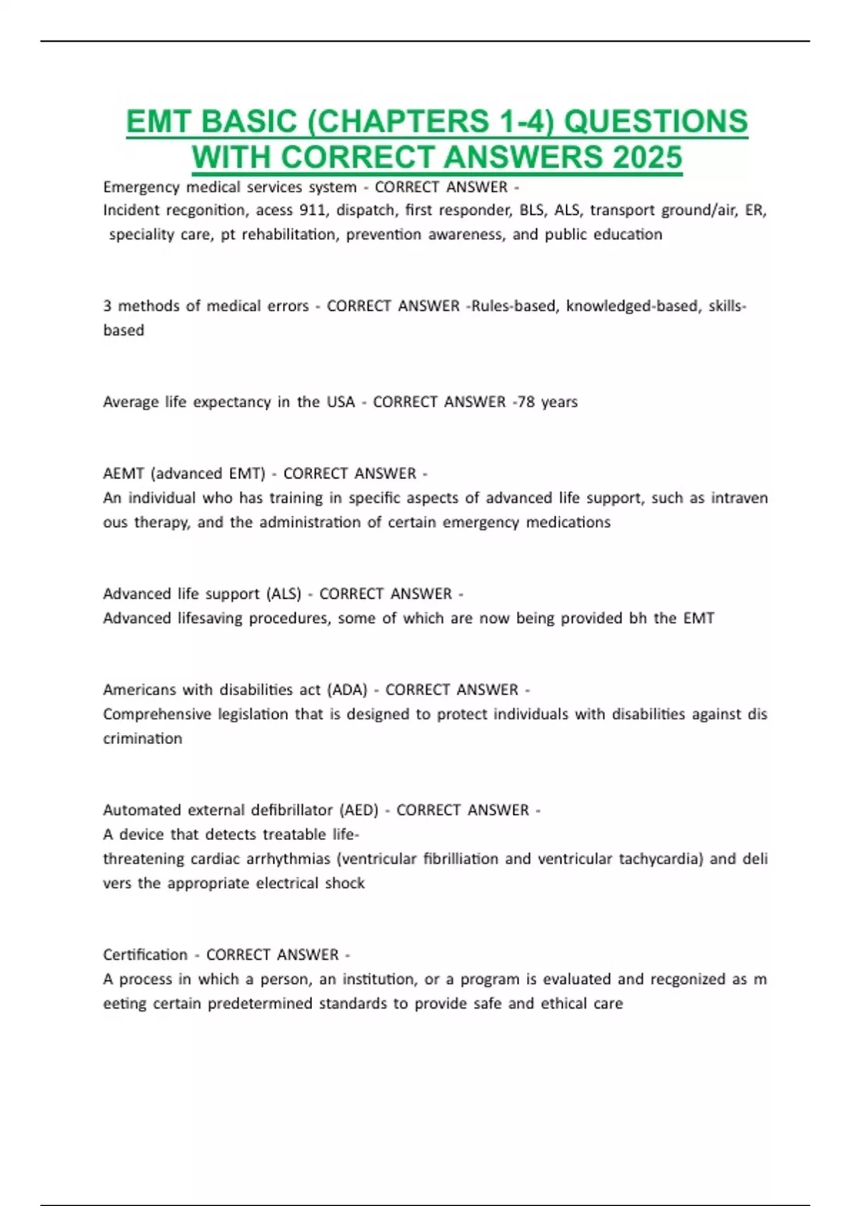 EMT BASIC (CHAPTERS 1-4) QUESTIONS WITH CORRECT ANSWERS 2025 - EMT-B - Emergency Medical ...