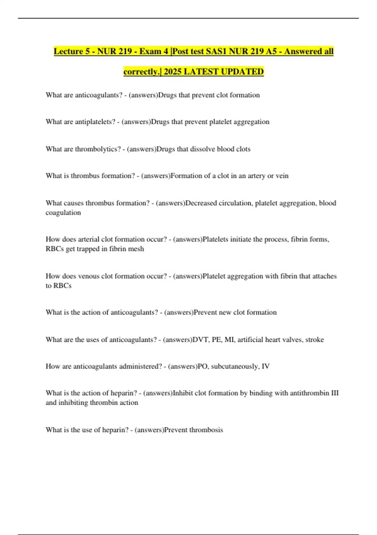 Lecture 5 - NUR 219 - Exam 4 |Post test SAS1 NUR 219 A5 - Answered all ...