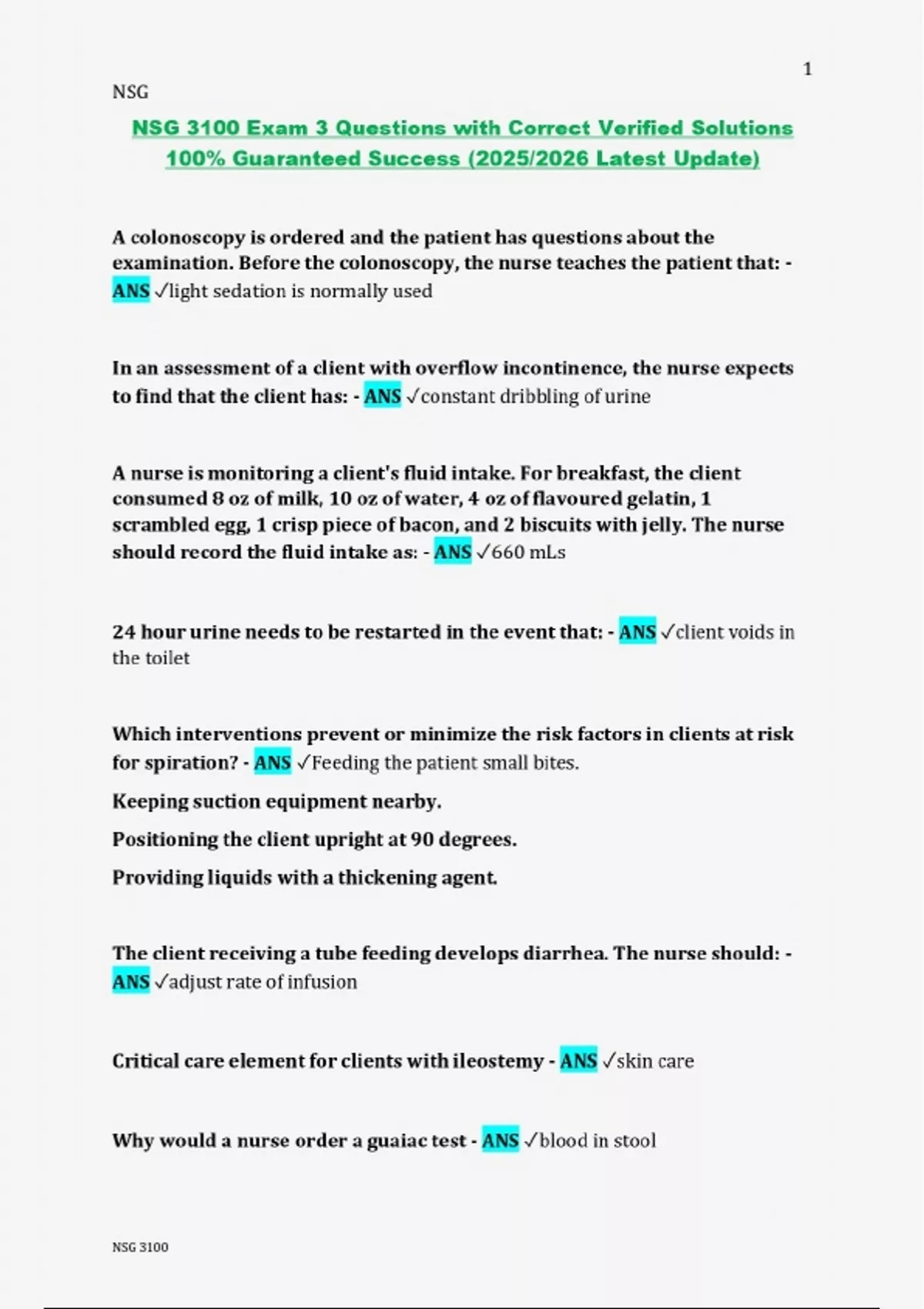 NSG 3100 Exam 3 Questions with Correct Verified Solutions 100% Guaranteed Success (2025/2026 ...