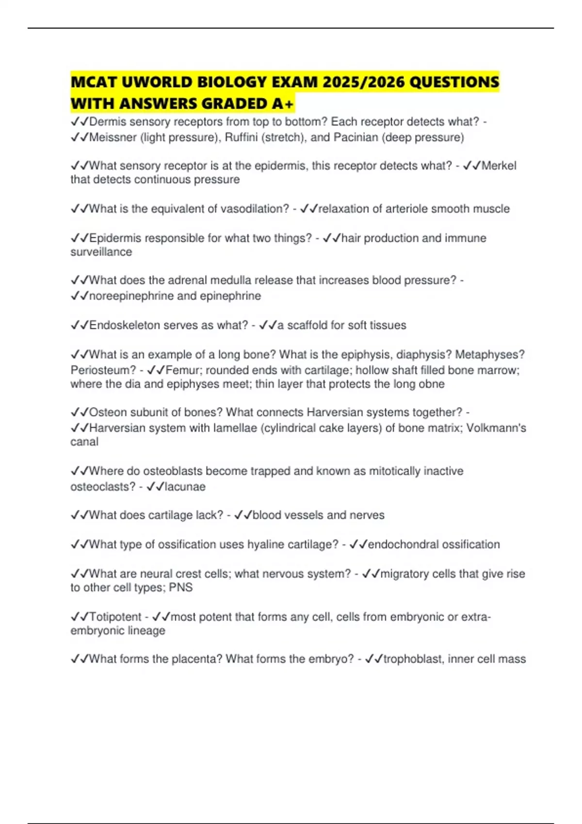 MCAT UWORLD BIOLOGY EXAM 2025/2026 QUESTIONS WITH ANSWERS GRADED A+ ...