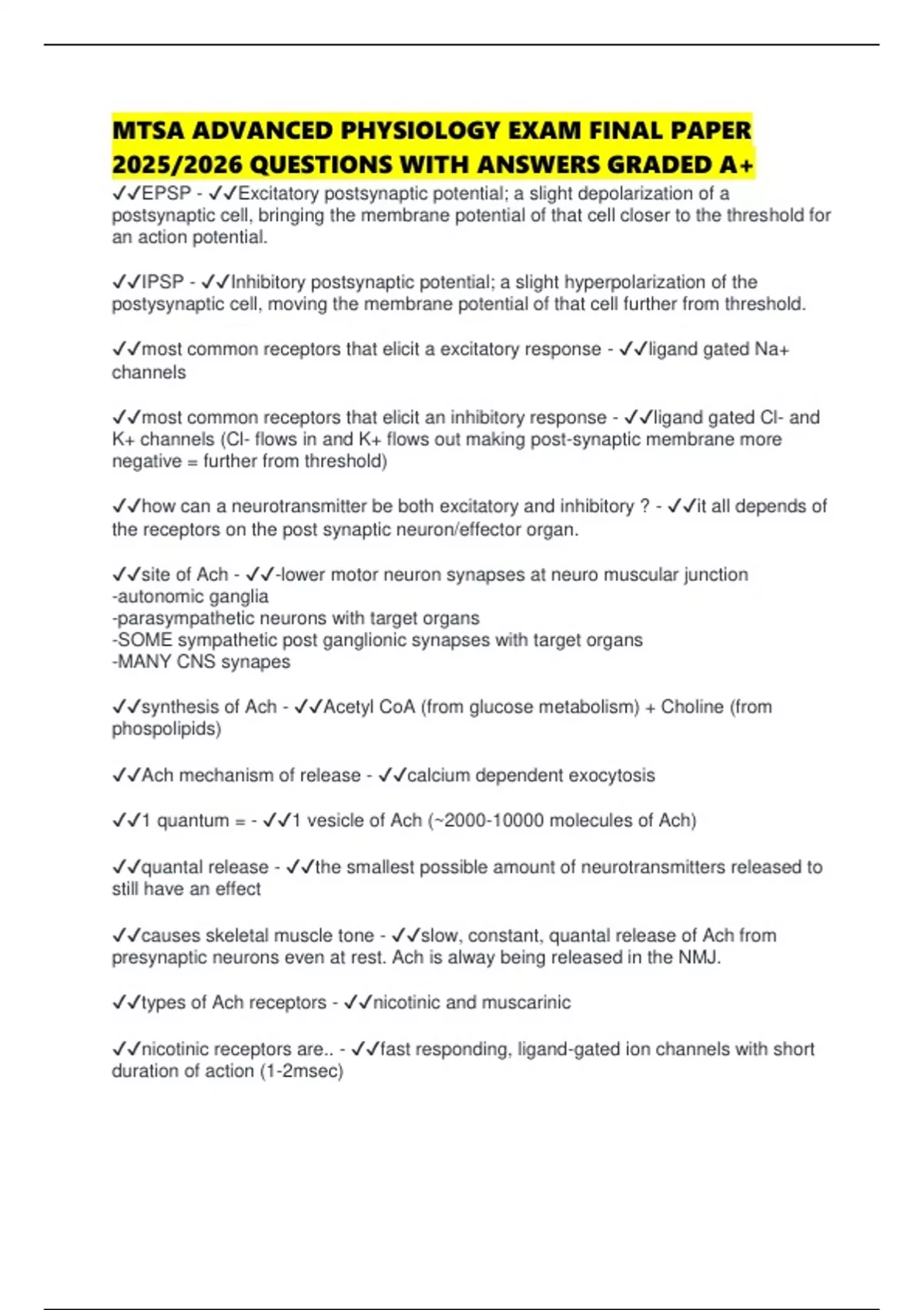 MTSA ADVANCED PHYSIOLOGY EXAM FINAL PAPER 2025/2026 QUESTIONS WITH ...