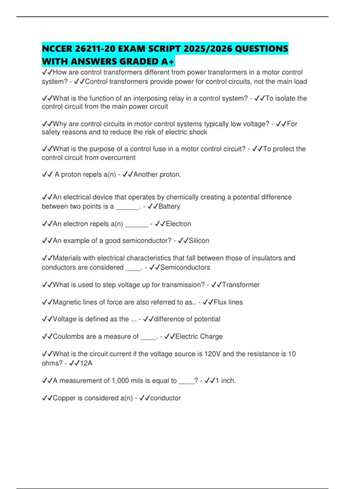 NCCER 26211-20 EXAM SCRIPT 2025/2026 QUESTIONS WITH ANSWERS GRADED A+ ...