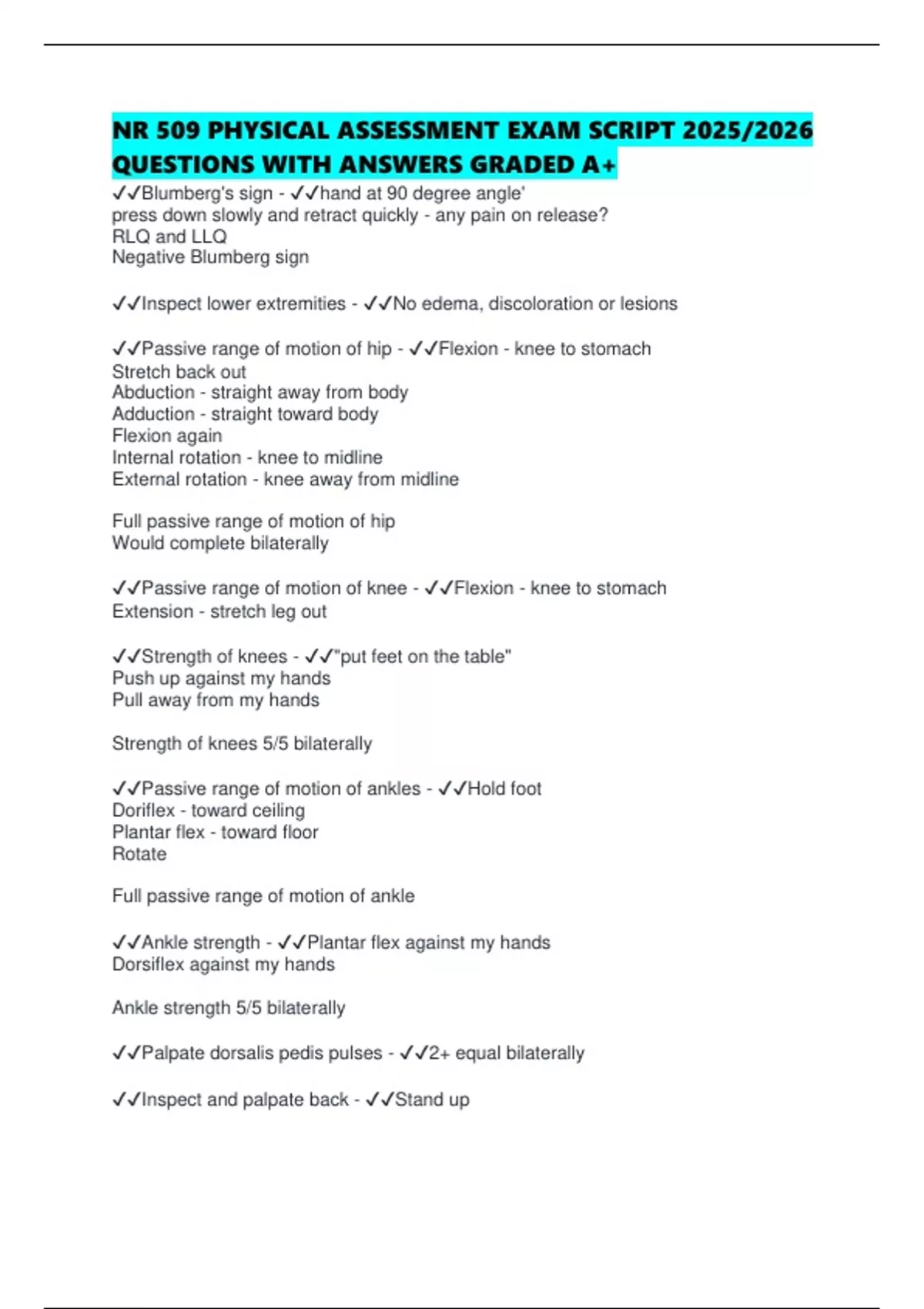 NR 509 PHYSICAL ASSESSMENT EXAM SCRIPT 2025/2026 QUESTIONS WITH ANSWERS ...