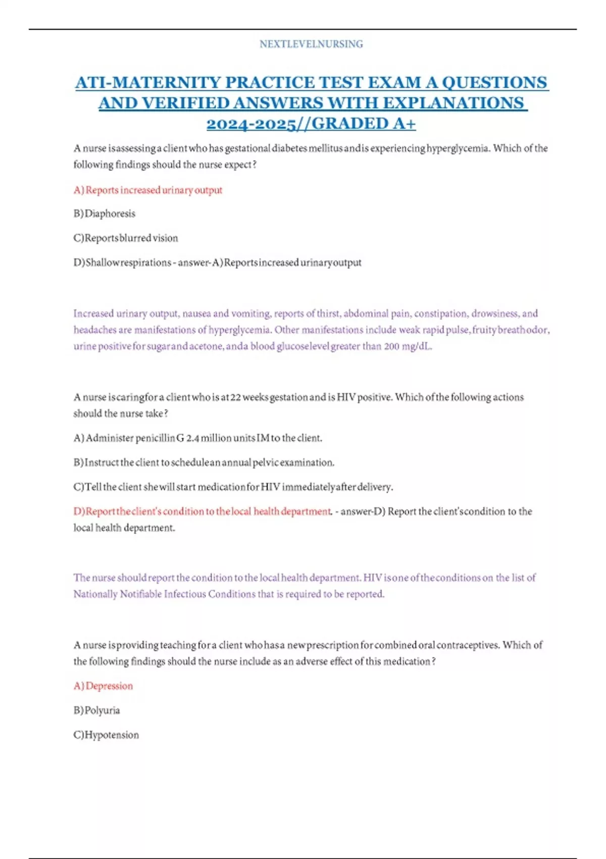 ATI-MATERNITY PRACTICE TEST EXAM A QUESTIONS AND VERIFIED ANSWERS WITH ...