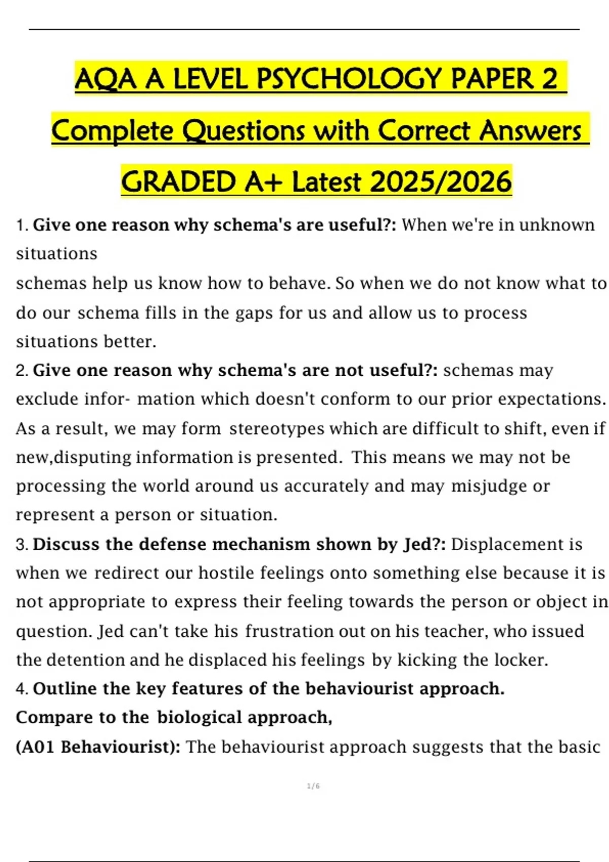 AQA A LEVEL PSYCHOLOGY PAPER 2 Complete Questions with Correct Answers ...