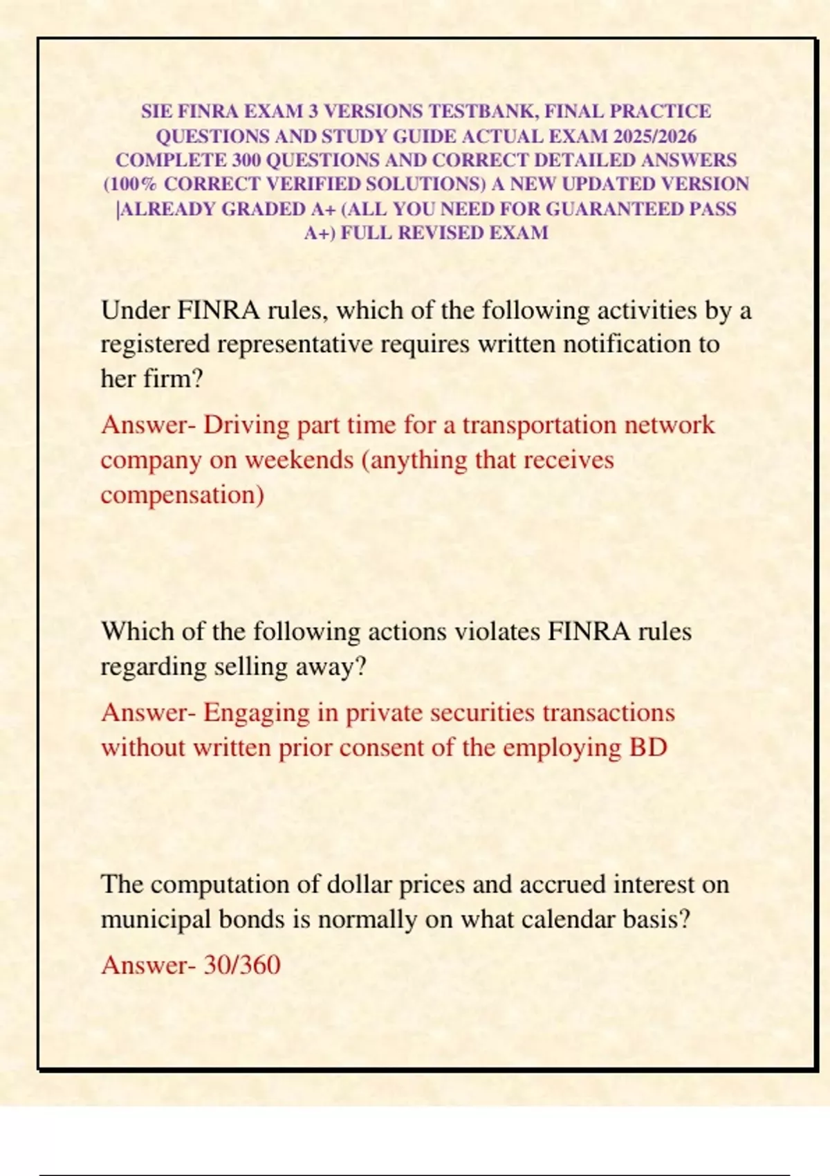 SIE FINRA EXAM 3 VERSIONS TESTBANK, FINAL PRACTICE QUESTIONS AND STUDY ...