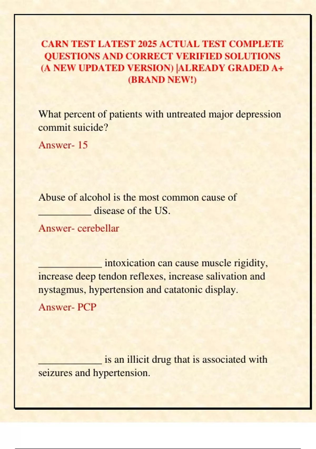 CARN TEST LATEST 2025 ACTUAL TEST COMPLETE QUESTIONS AND CORRECT ...