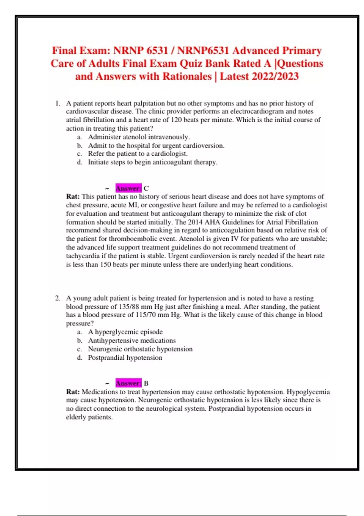 Final Exam: NRNP 6531 / NRNP6531 Advanced Primary Care of Adults Final Exam Quiz Bank Rated A ...
