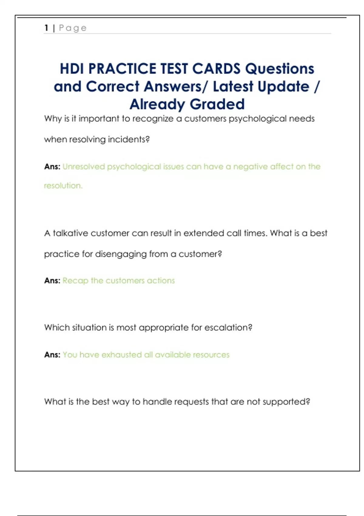 HDI PRACTICE TEST CARDS Questions and Correct Answers/ Latest Update ...