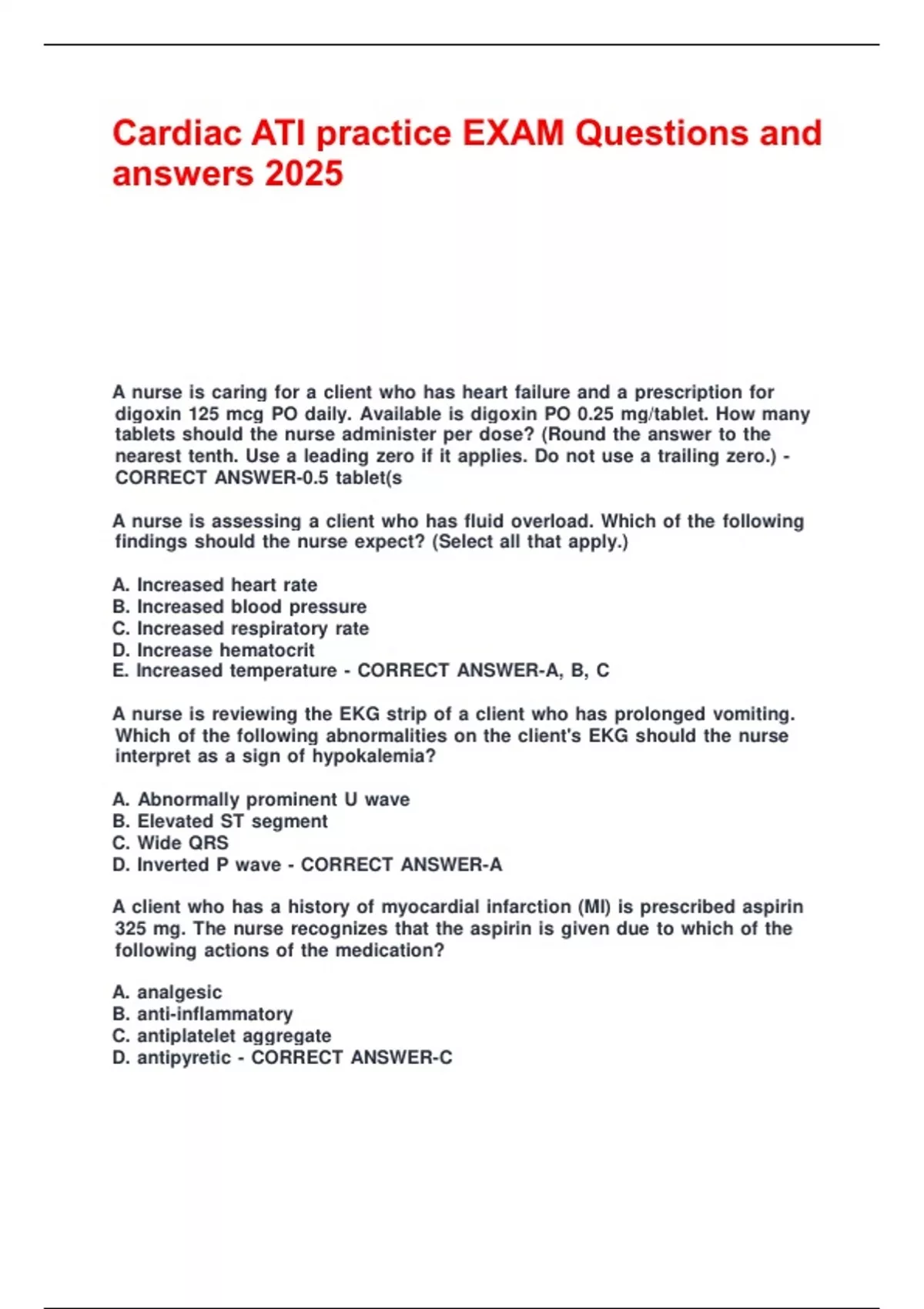 Cardiac ATI practice EXAM Questions and answers 2025. - ATI CARDIAC ...