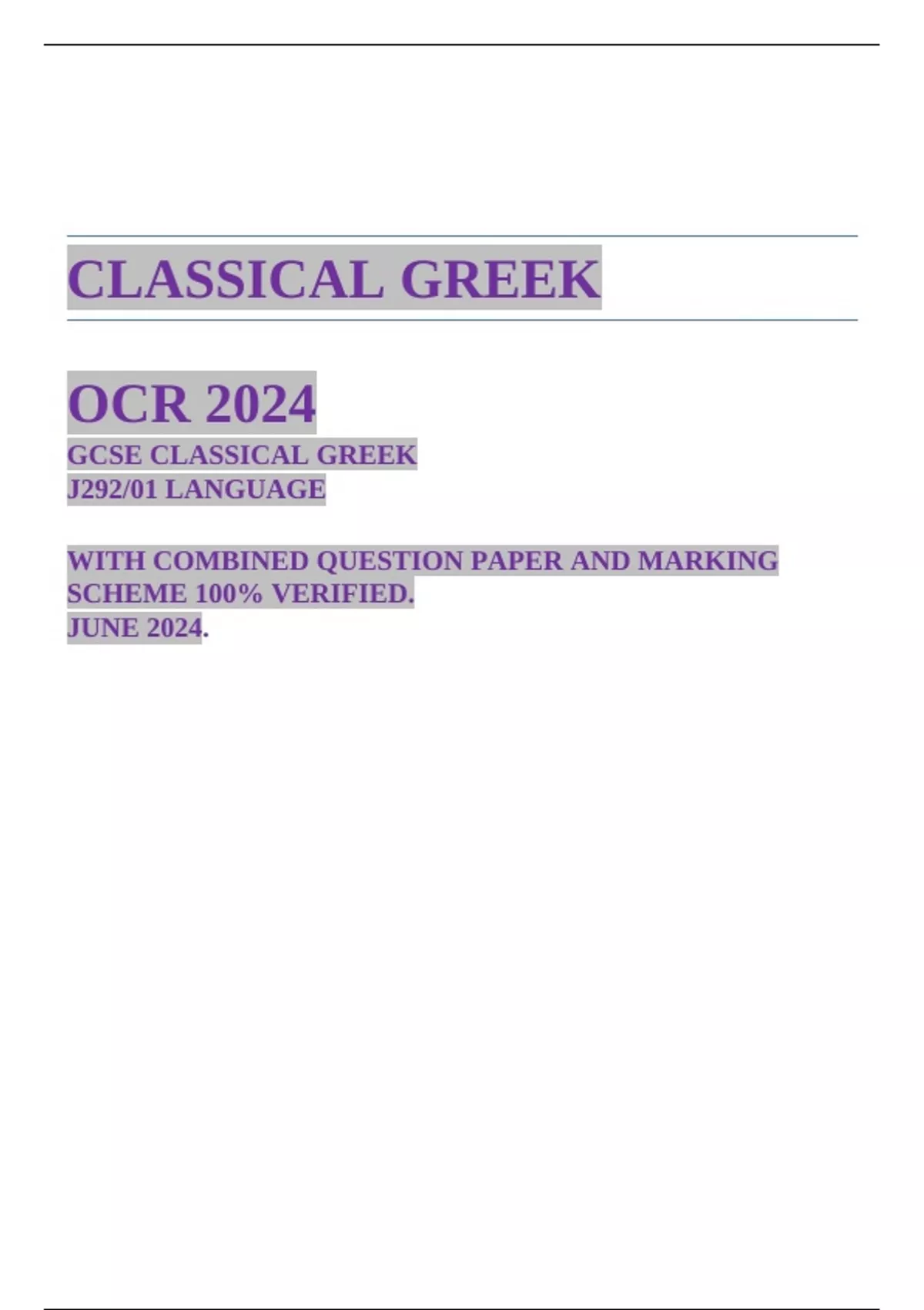 OCR 2024 GCSE CLASSICAL GREEK J292/01 LANGUAGE WITH COMBINED QUESTION ...