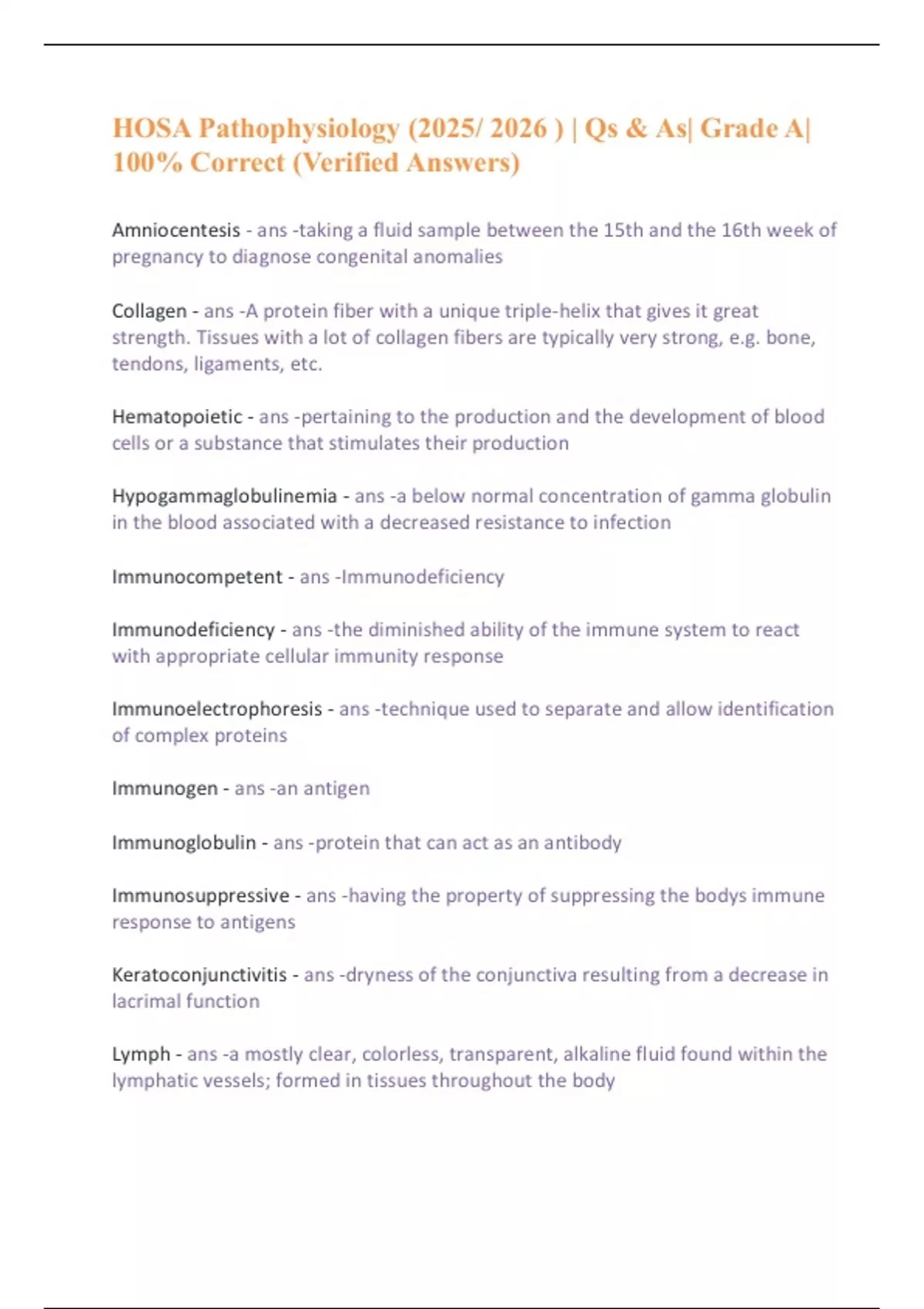 HOSA Pathophysiology (2025/ 2026 ) | Qs & As| Grade A| 100% Correct ...