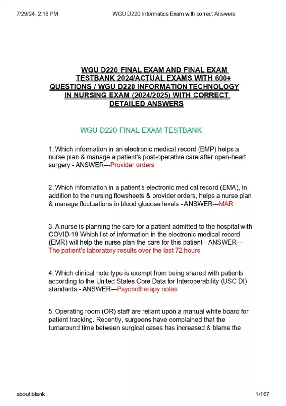 WGU D220 FINAL EXAM AND FINAL EXAM TESTBANK 2024/ACTUAL EXAMS WITH 600 ...