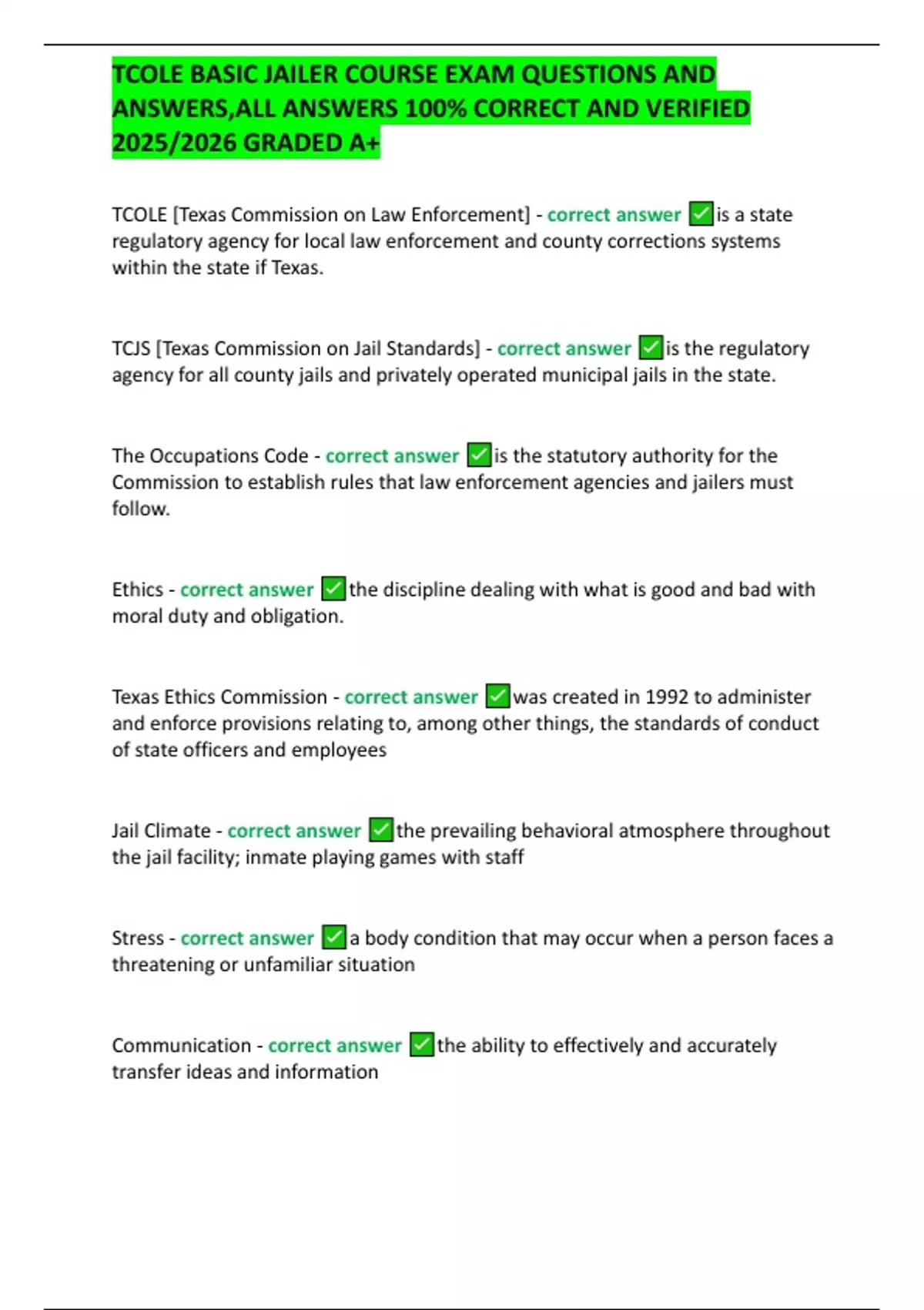 TCOLE BASIC JAILER COURSE EXAM QUESTIONS AND ANSWERS,ALL ANSWERS 100% ...