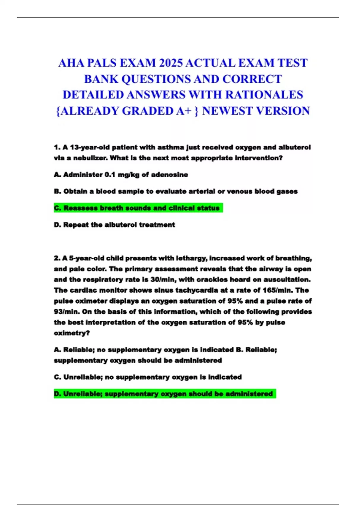 BUNDLE FOR AHA PALS EXAM || ACTUAL EXAM WITH QUESTIONS AND VERIFIED ...