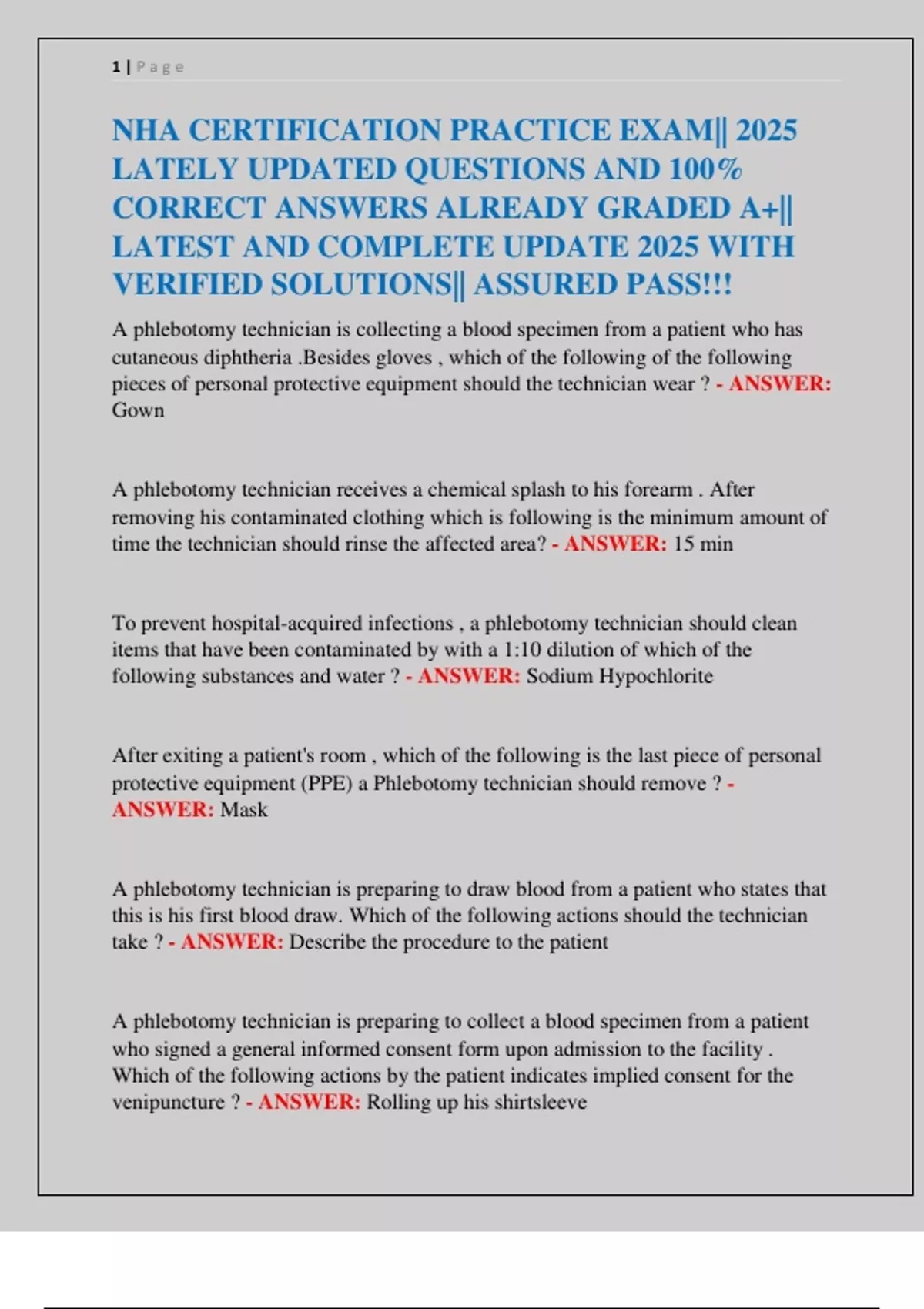 NHA CERTIFICATION PRACTICE EXAM|| 2025 LATELY UPDATED QUESTIONS AND 100 ...