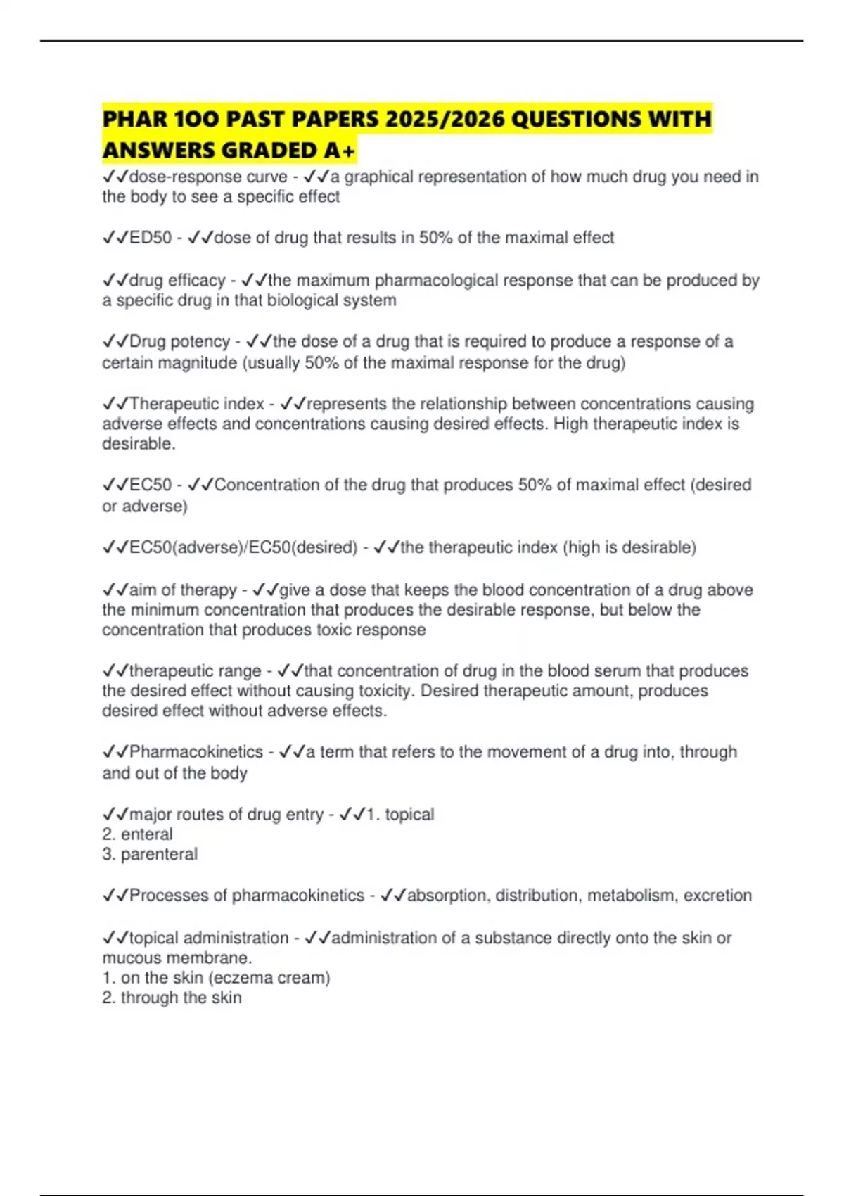 PHAR 1OO PAST PAPERS 2025/2026 QUESTIONS WITH ANSWERS GRADED A+ - PHAR ...