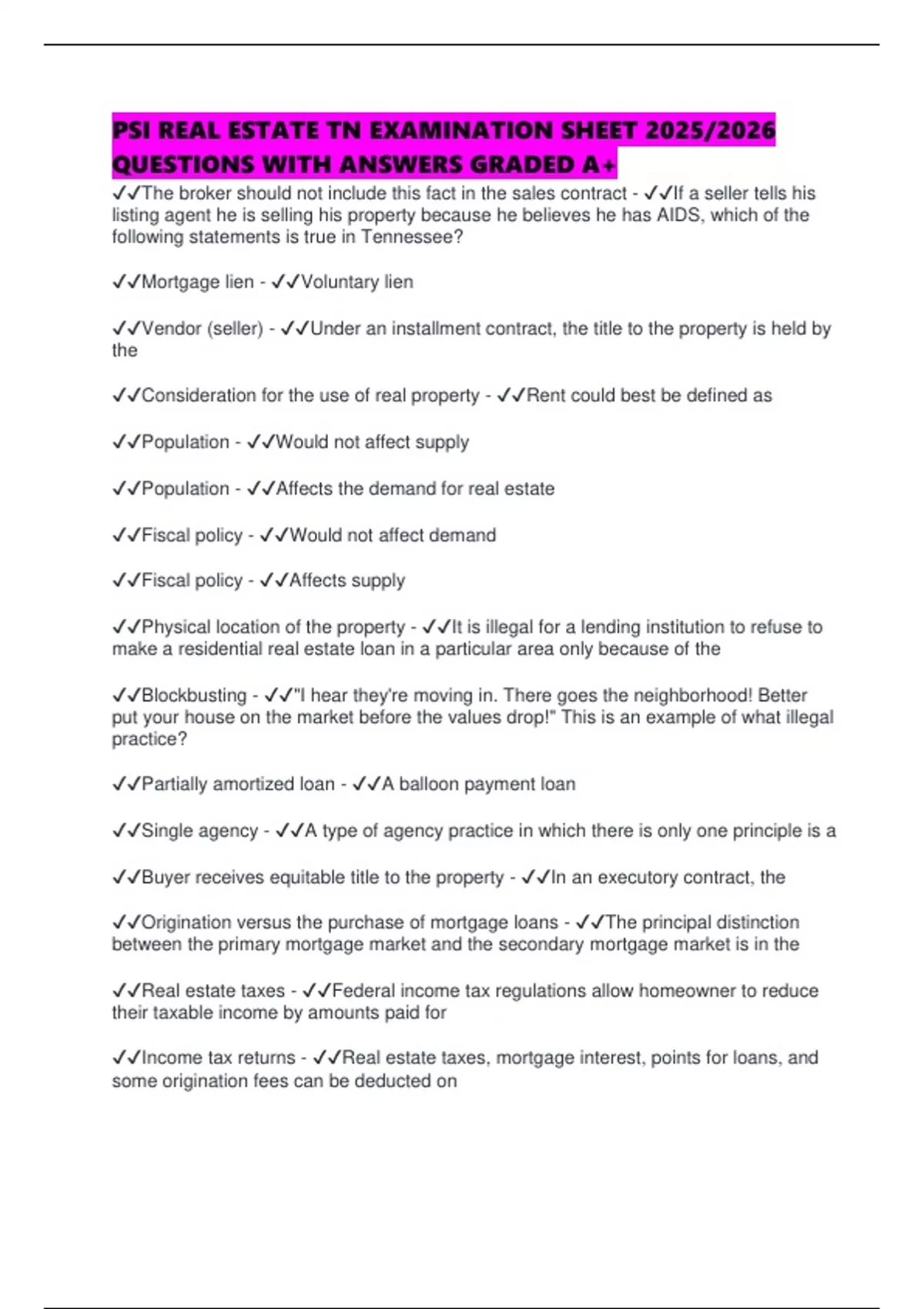 PSI REAL ESTATE TN EXAMINATION SHEET 2025/2026 QUESTIONS WITH ANSWERS ...