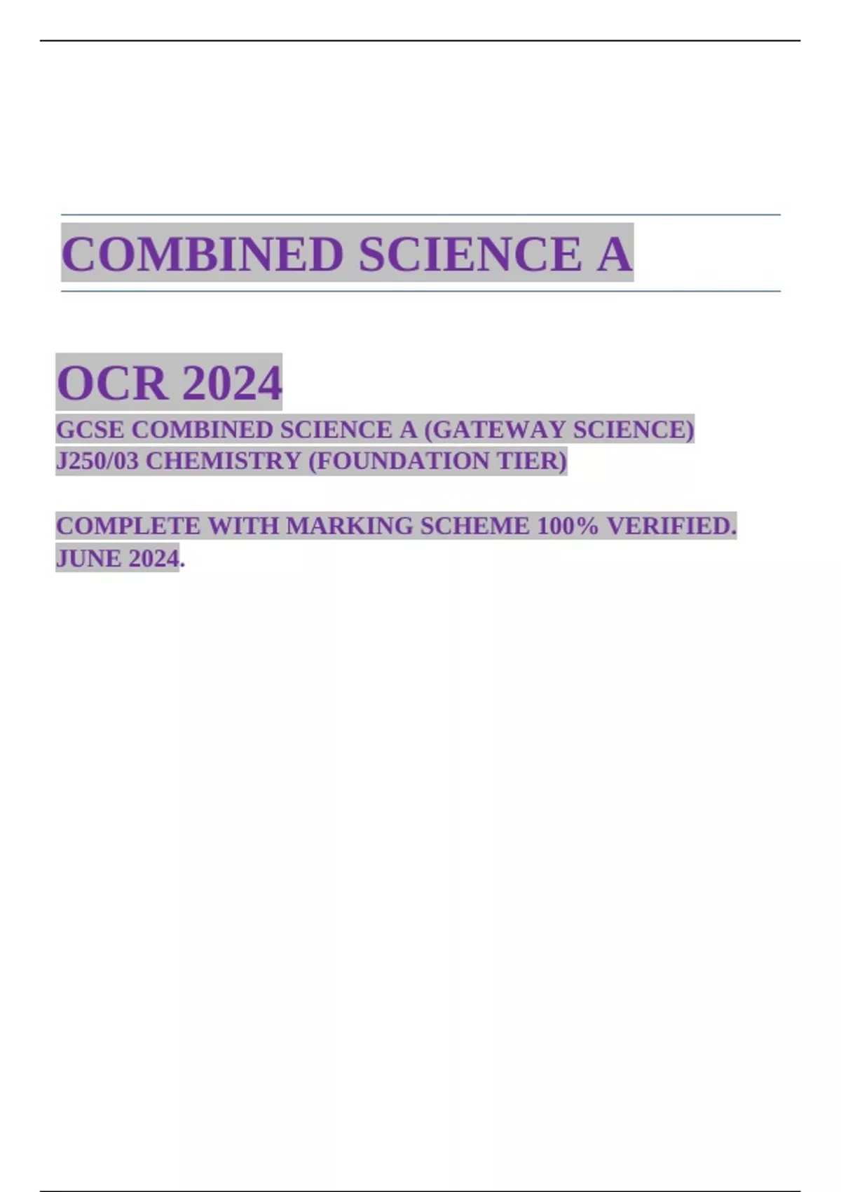 OCR 2024 GCSE COMBINED SCIENCE A (GATEWAY SCIENCE) J250/03 CHEMISTRY (FOUNDATION TIER) COMPLETE ...