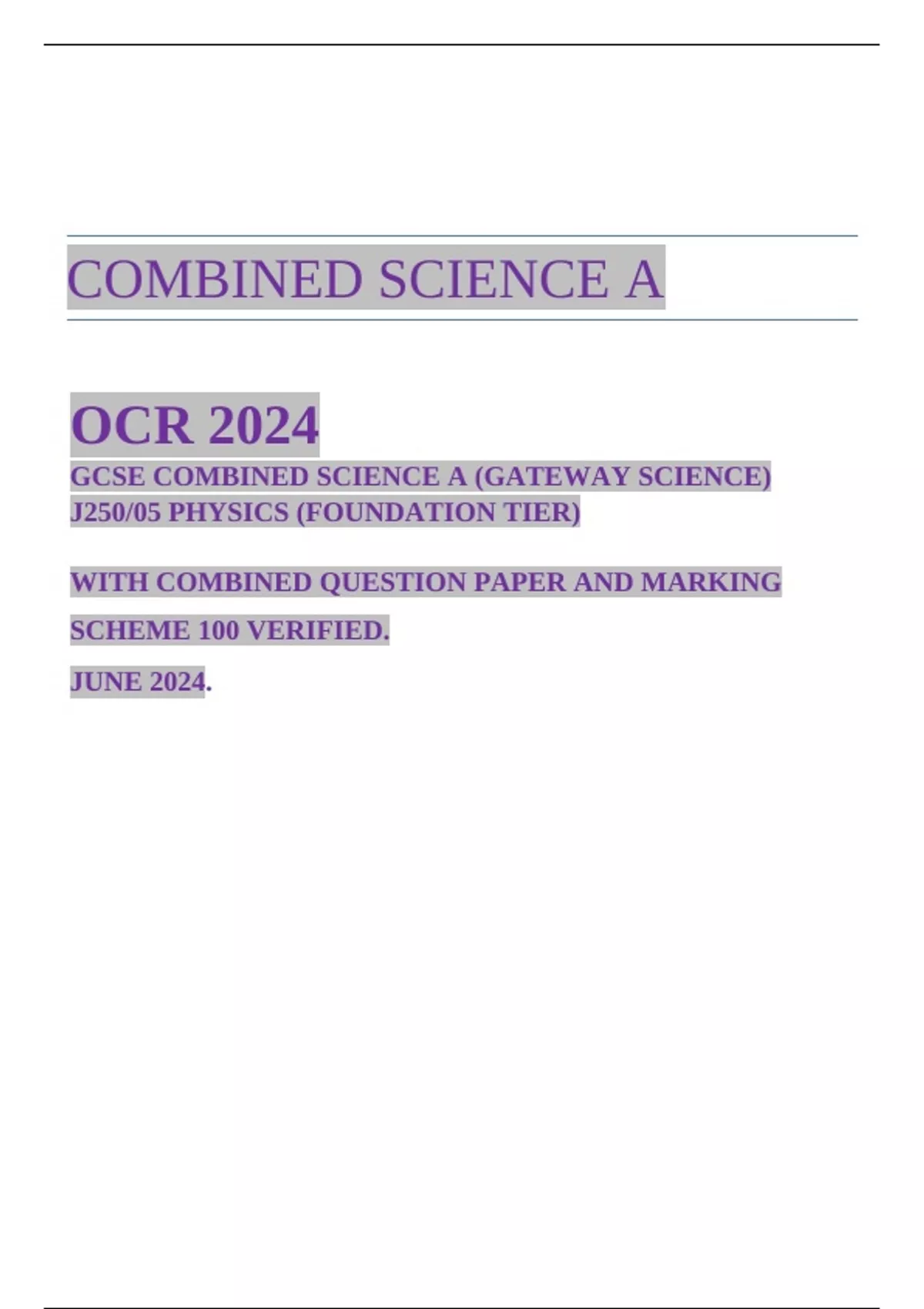OCR 2024 GCSE COMBINED SCIENCE A (GATEWAY SCIENCE) J250/05 PHYSICS (FOUNDATION TIER) WITH ...